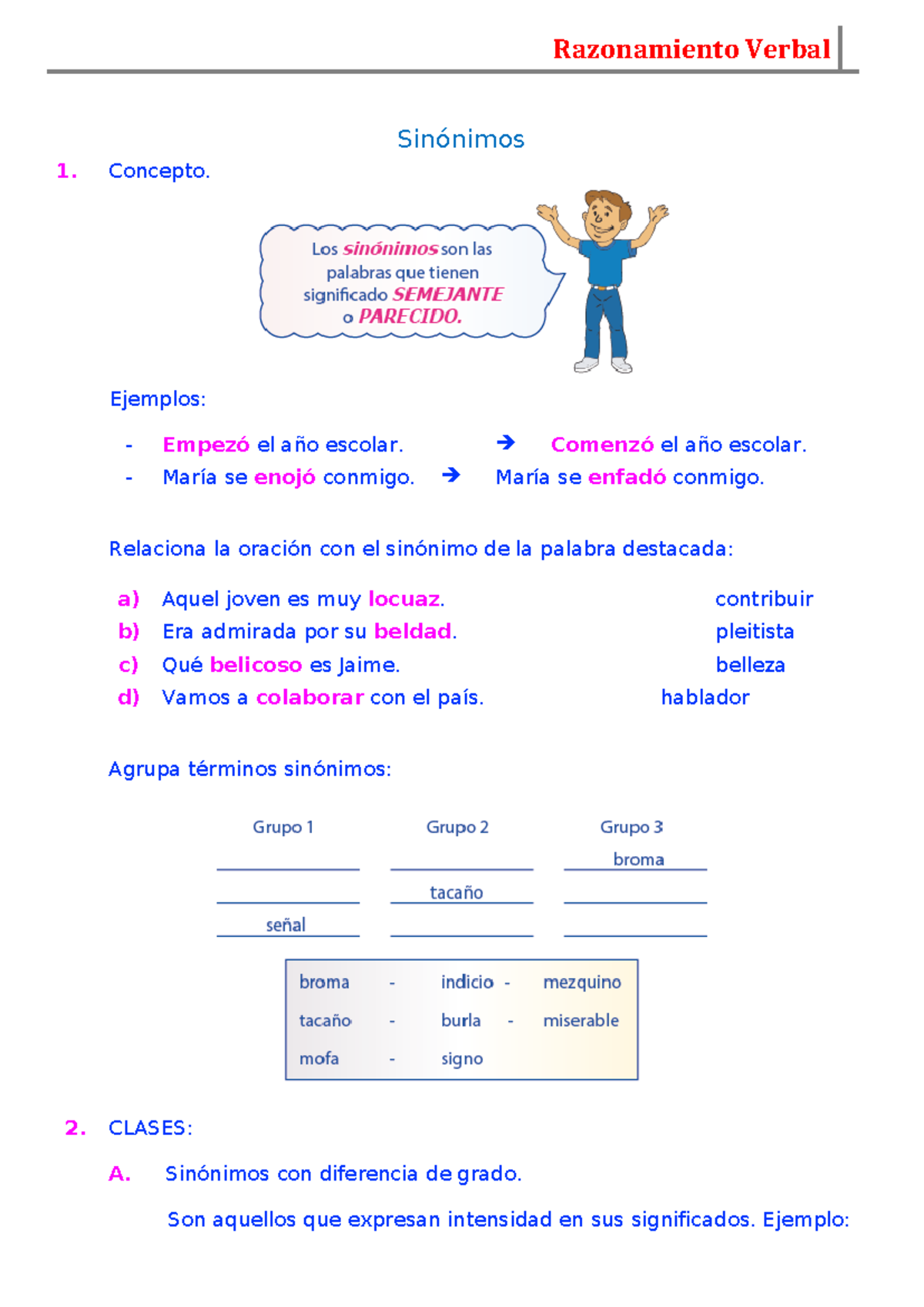 Clases de Sinónimos para Quinto Grado de Primaria - Razonamiento Verbal ...