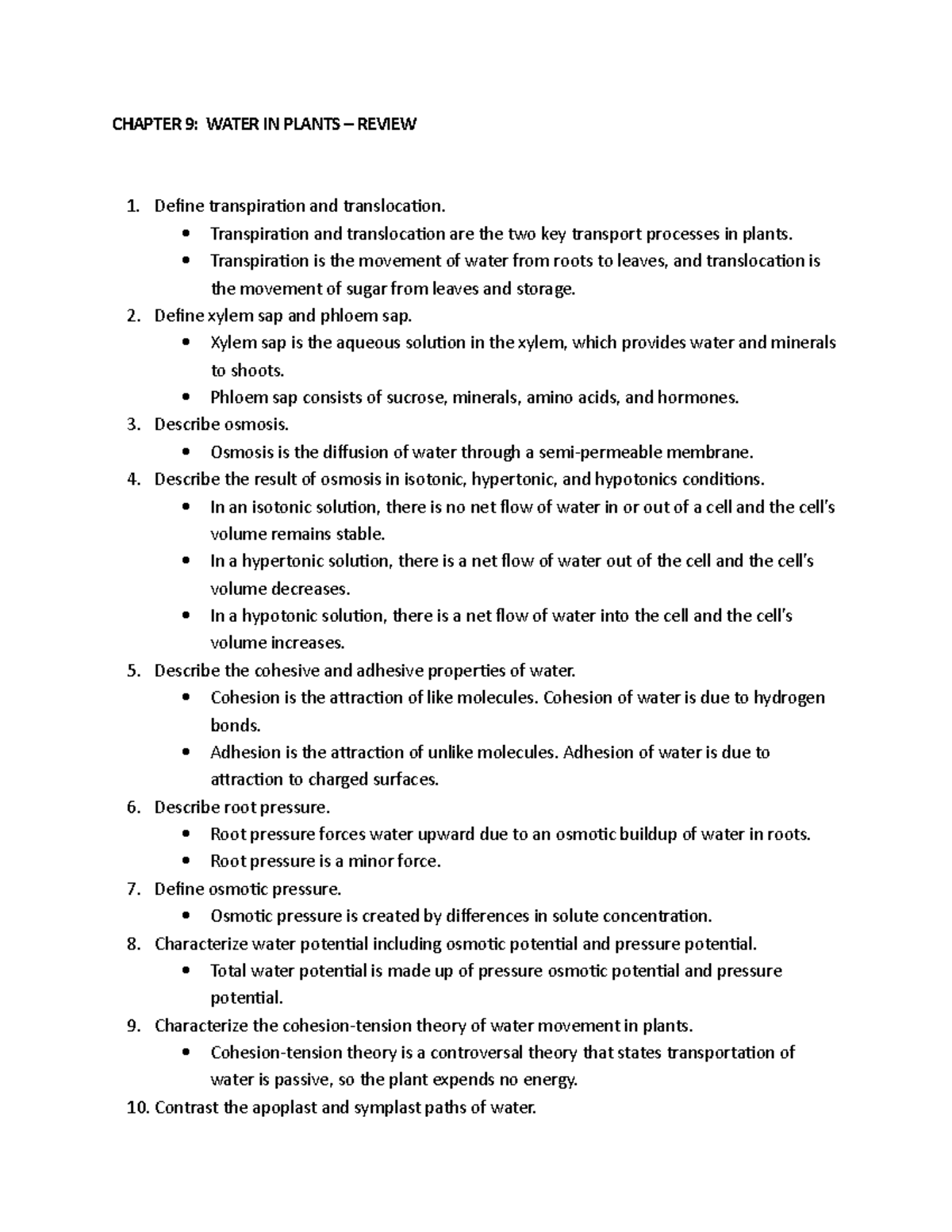 Chapter 9 Review - Stern’s Introductory Plant Biology by James E ...