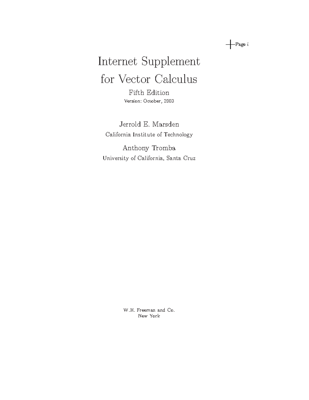 Vector Calculus Marsden SI - Page i Internet Supplement for Vector ...