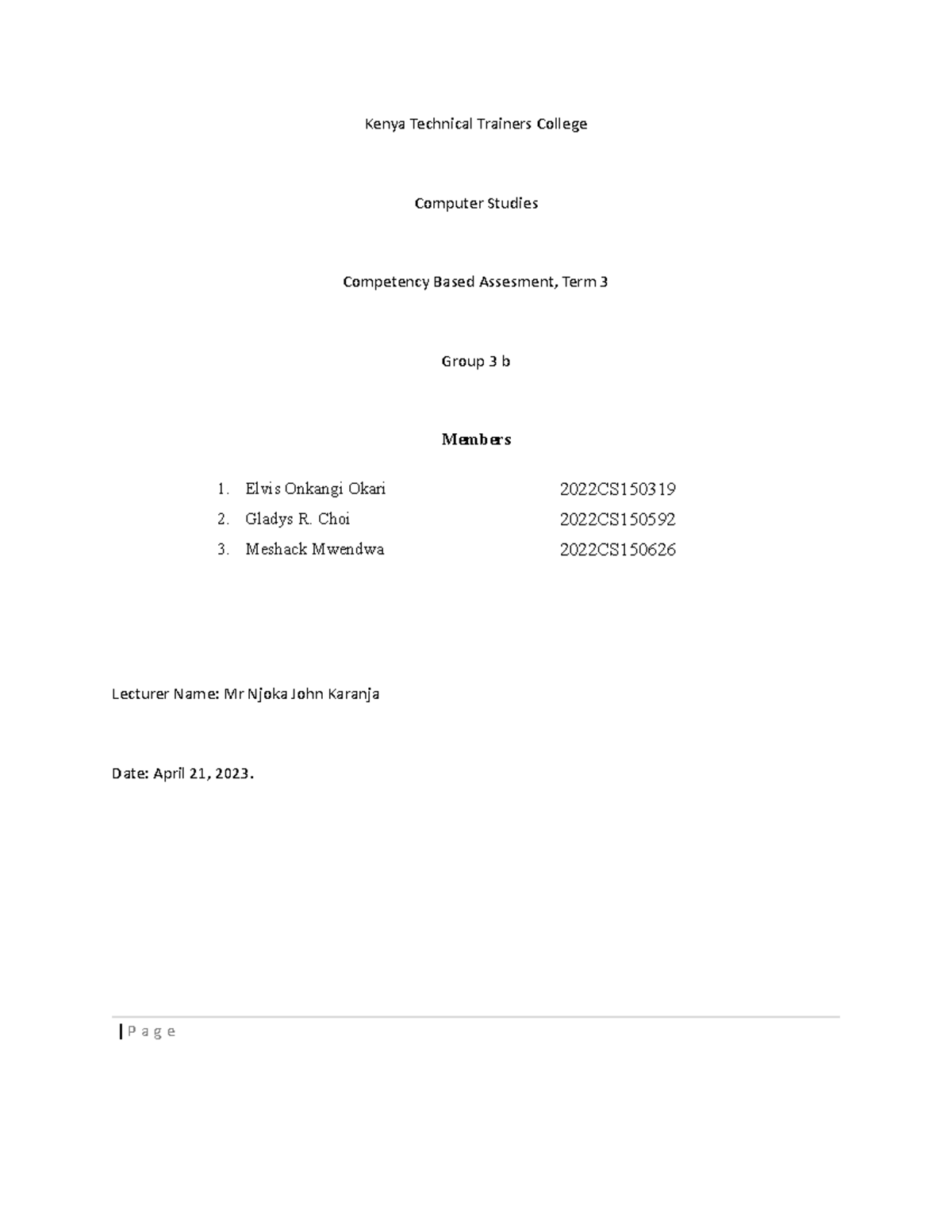 Assessment PLAN computer repair and maintenance - Kenya Technical ...