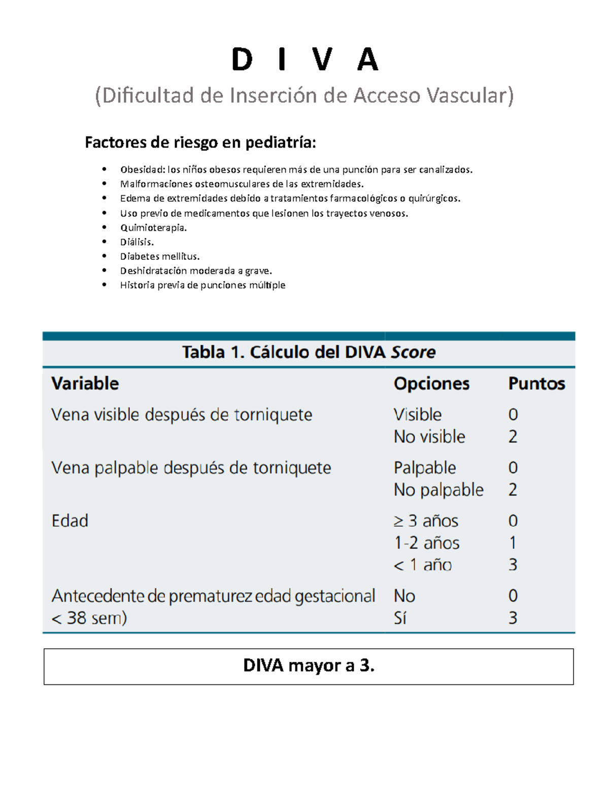 Factores de riesgo en pediatría - D I V A (Dificultad de Inserción de Acceso Vascular) Factores ...
