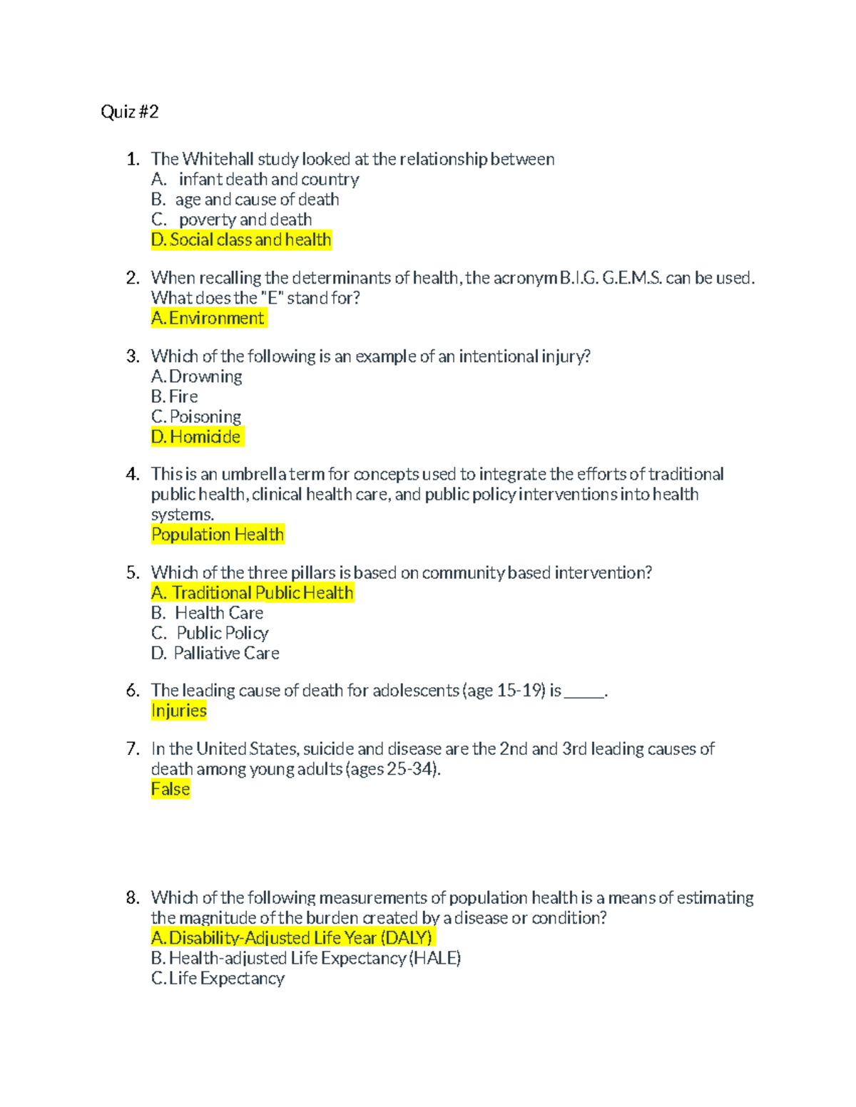 HTH 231 Health Determinants Exam 1 - Quiz # The Whitehall study looked ...