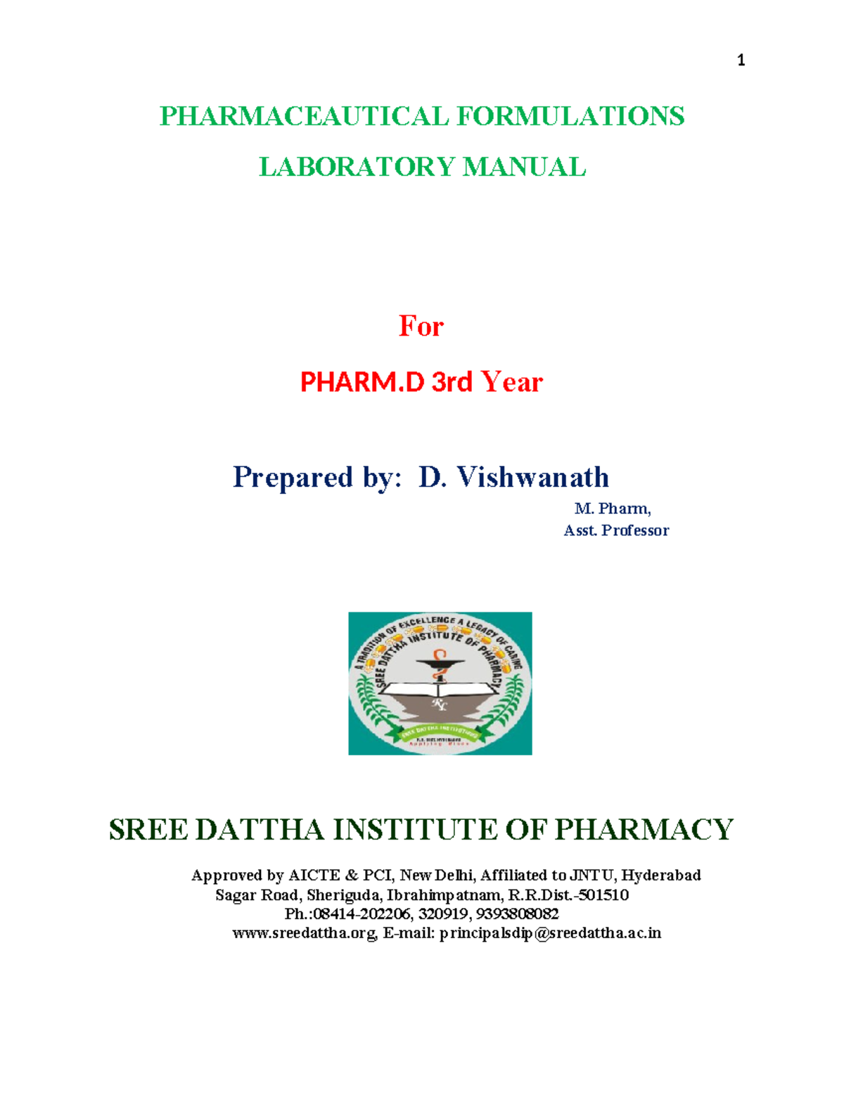 Formulations LAB Manual Final ( 2020-21) - PHARMACEAUTICAL FORMULATIONS ...