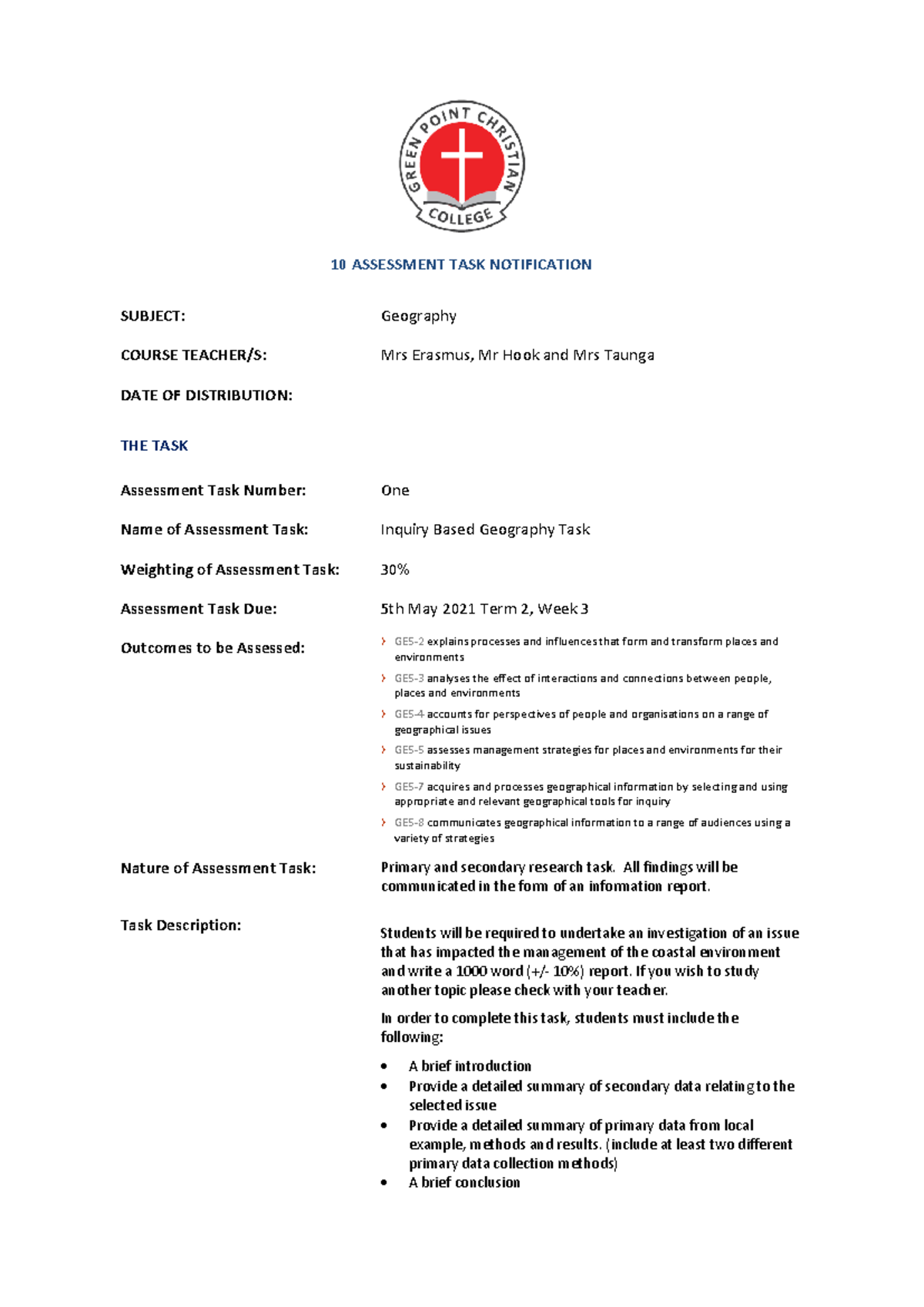 Geography task 1 - year 10 - 10 ASSESSMENT TASK NOTIFICATION SUBJECT ...