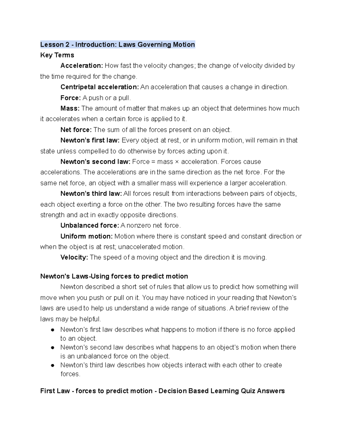 PHY S 100 - Lesson 2 Notes - Laws Governing Motion - Lesson 2 ...