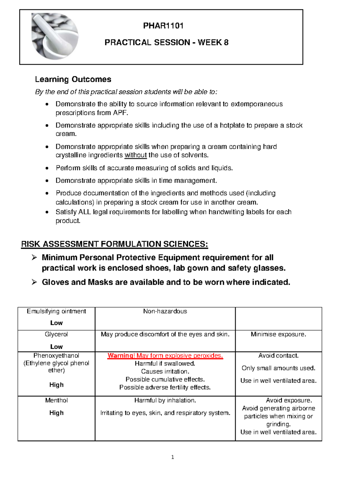 Practical Week 8 - PHAR PRACTICAL SESSION - WEEK 8 Learning Outcomes By ...