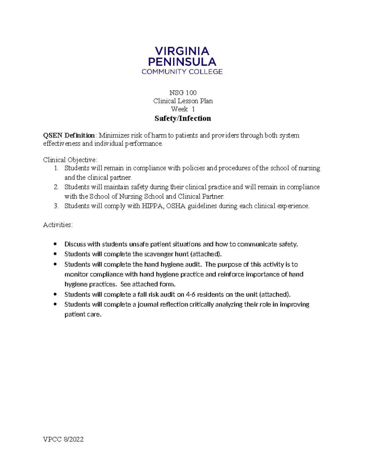 NSG 100 Lesson Plan Week 1 - NSG 100 Clinical Lesson Plan Week 1 Safety ...