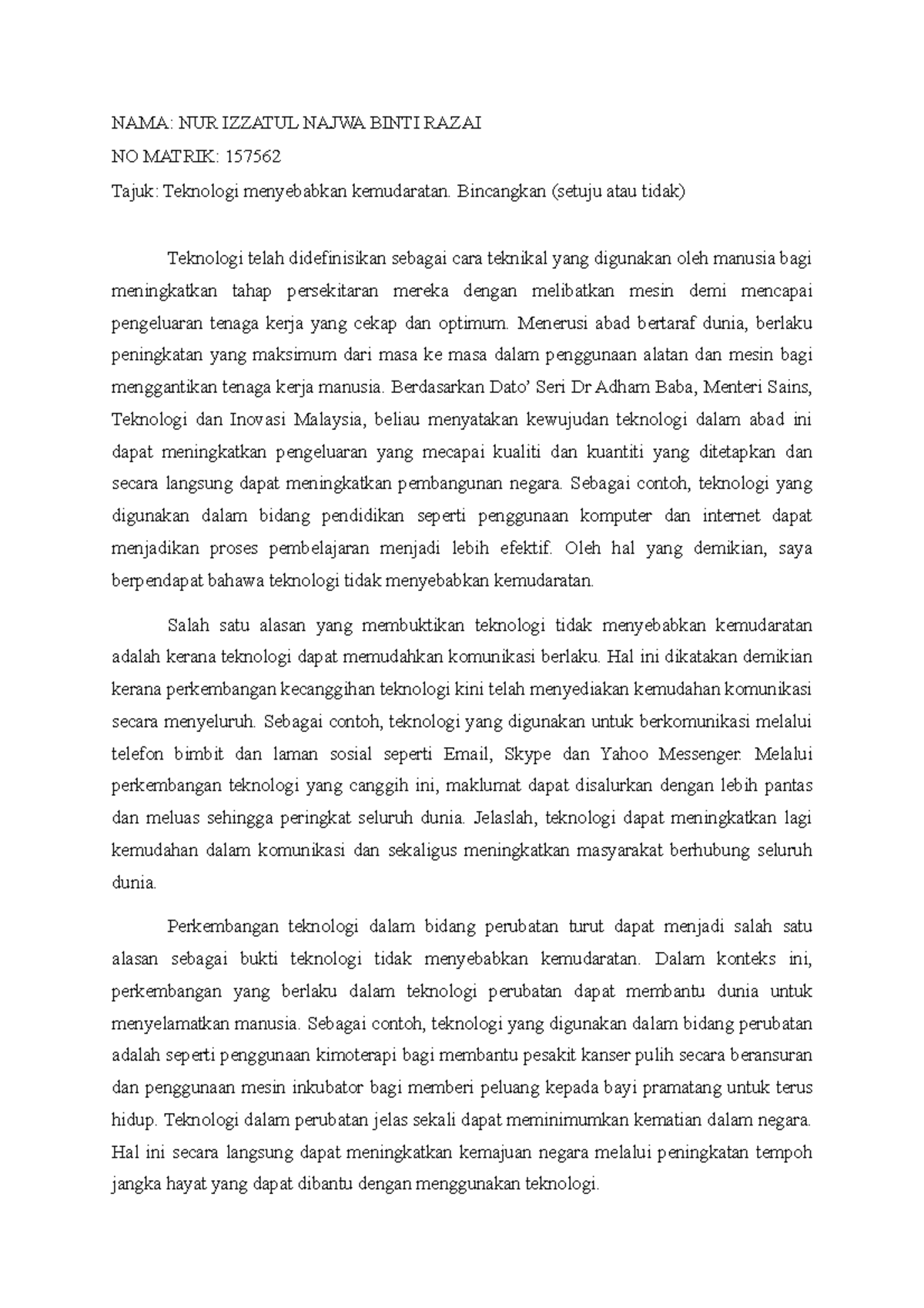 Contoh pengenalan esei - NAMA: NUR IZZATUL NAJWA BINTI RAZAI NO MATRIK ...