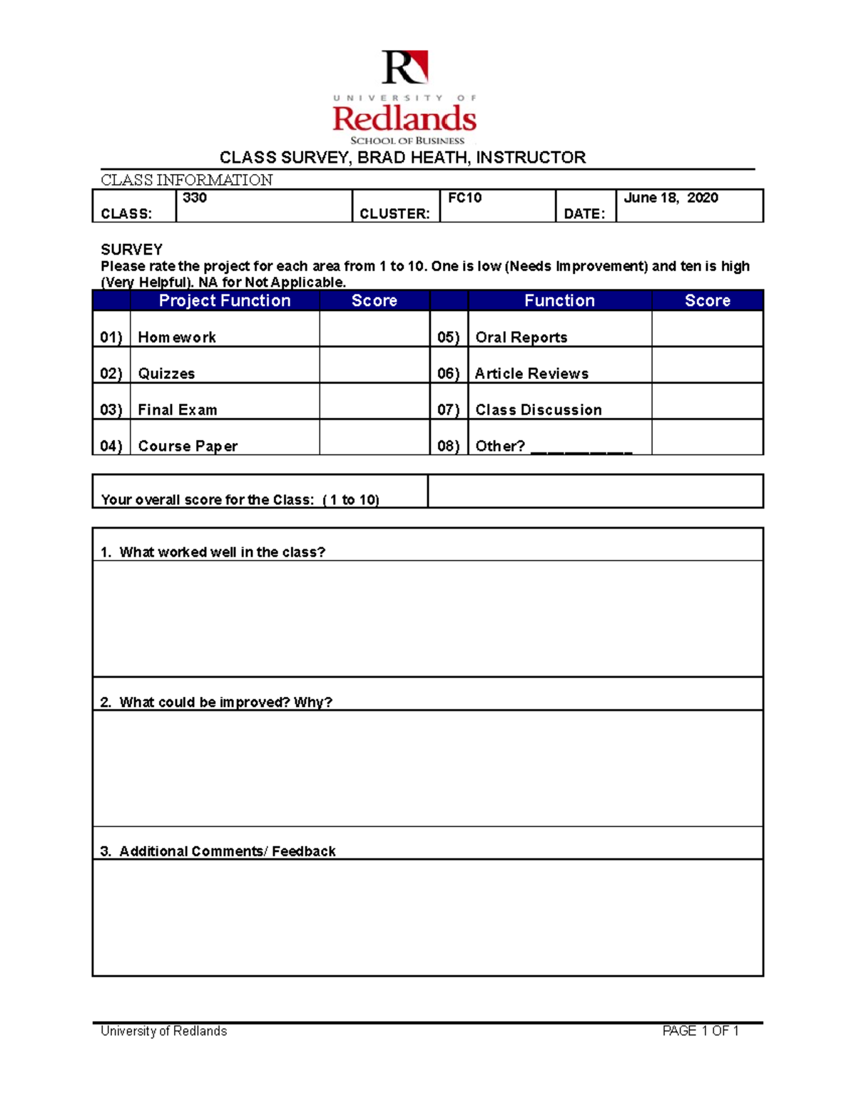 2020 POST Class Survey - hard work - CLASS SURVEY, BRAD HEATH ...