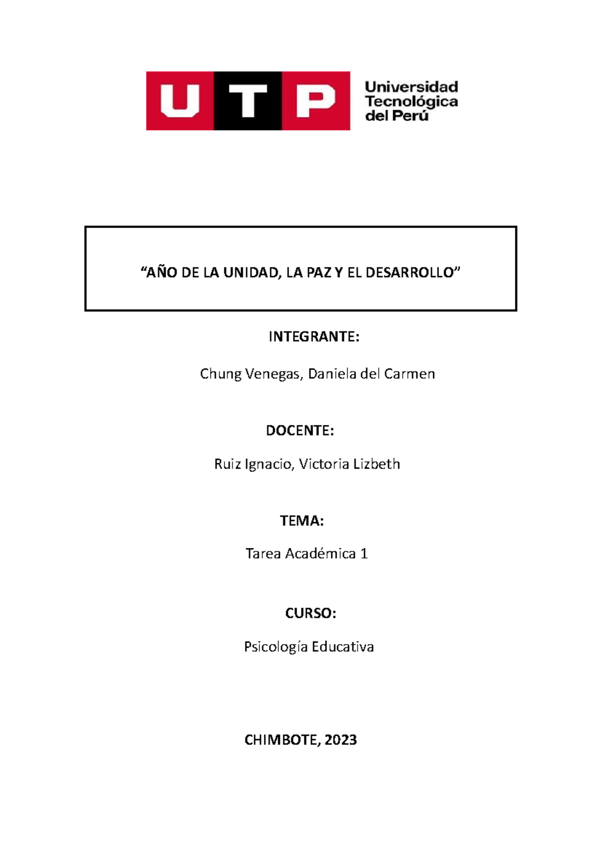 Fundamentación Teórica DE LA Psicologí A Educativa - “AÑO DE LA UNIDAD, LA PAZ Y EL DESARROLLO ...