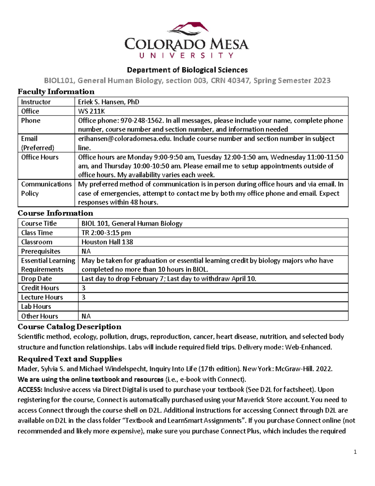 23S Hansen BIOL101 Syllabus - Department of Biological Sciences BIOL101 ...