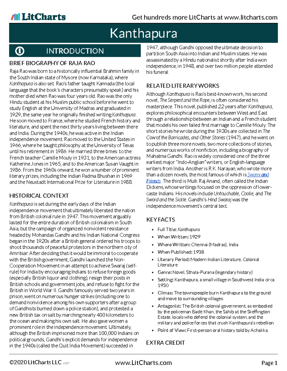 Kanthapura-Lit Chart - Kanthapura BRIEF BIOGRAPHY OF RAJA RAO Raja Rao ...