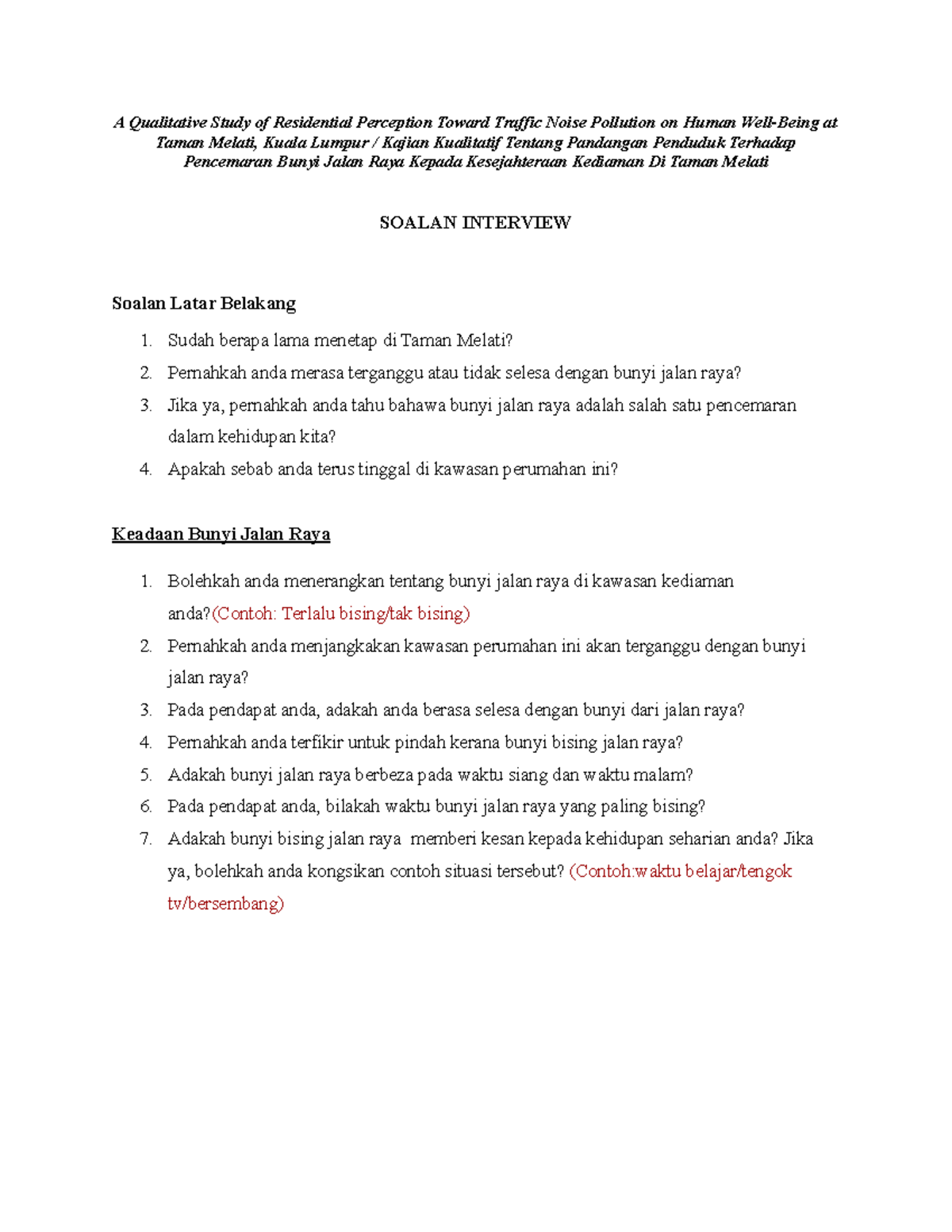Soalan Interview - As pdf - A Qualitative Study of Residential Perception Toward Traffic Noise ...