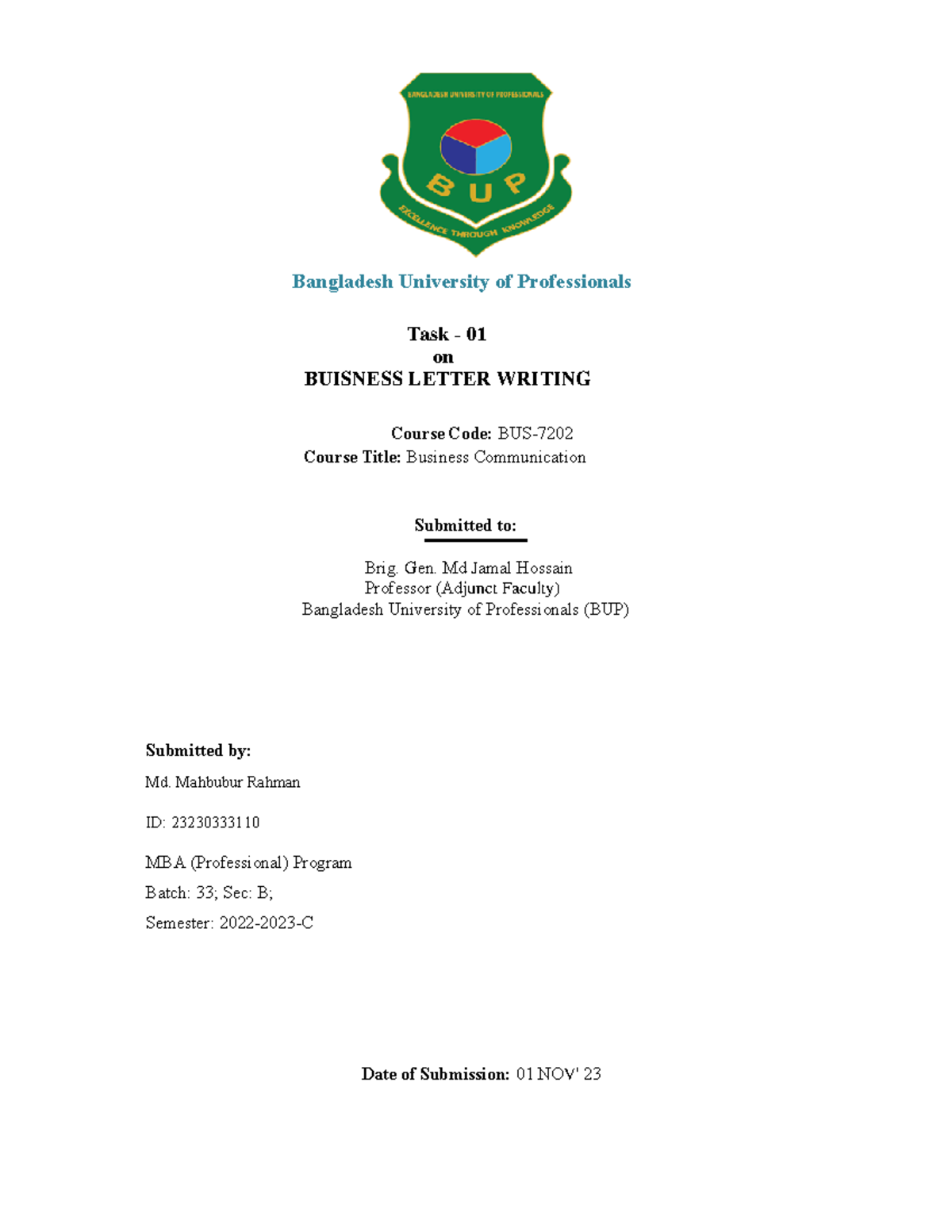 Letter Task-23230333110 SEC-B - Bangladesh University of Professionals ...
