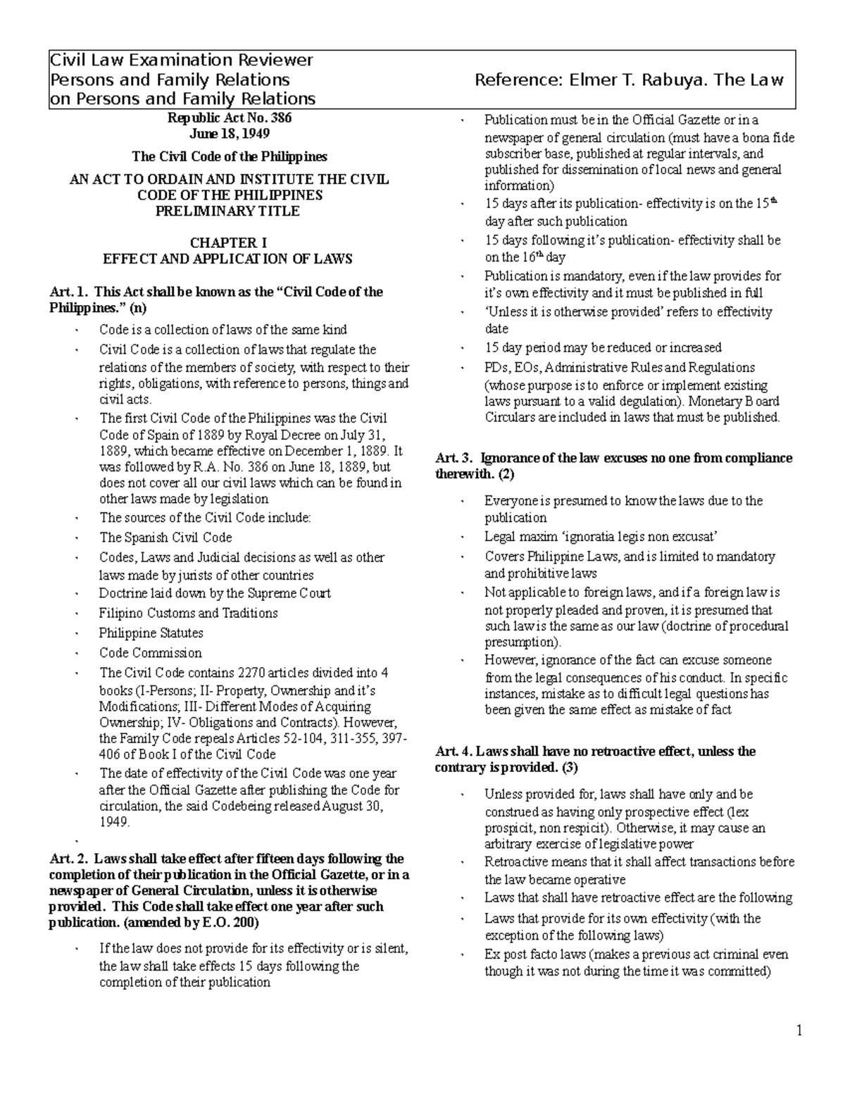 Pdfcoffee - CIVIL - Persons and Family Relations Reference: Elmer T ...