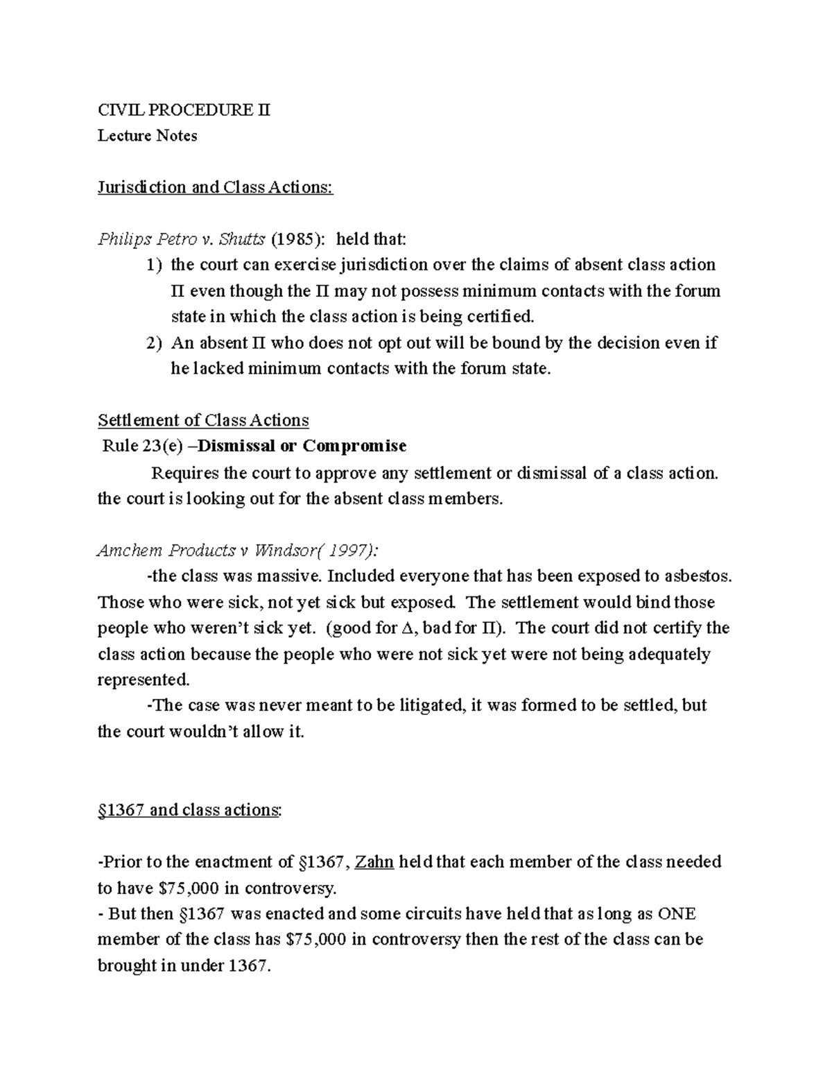 Jurisdiction and Class Actions - CIVIL PROCEDURE II Lecture Notes ...