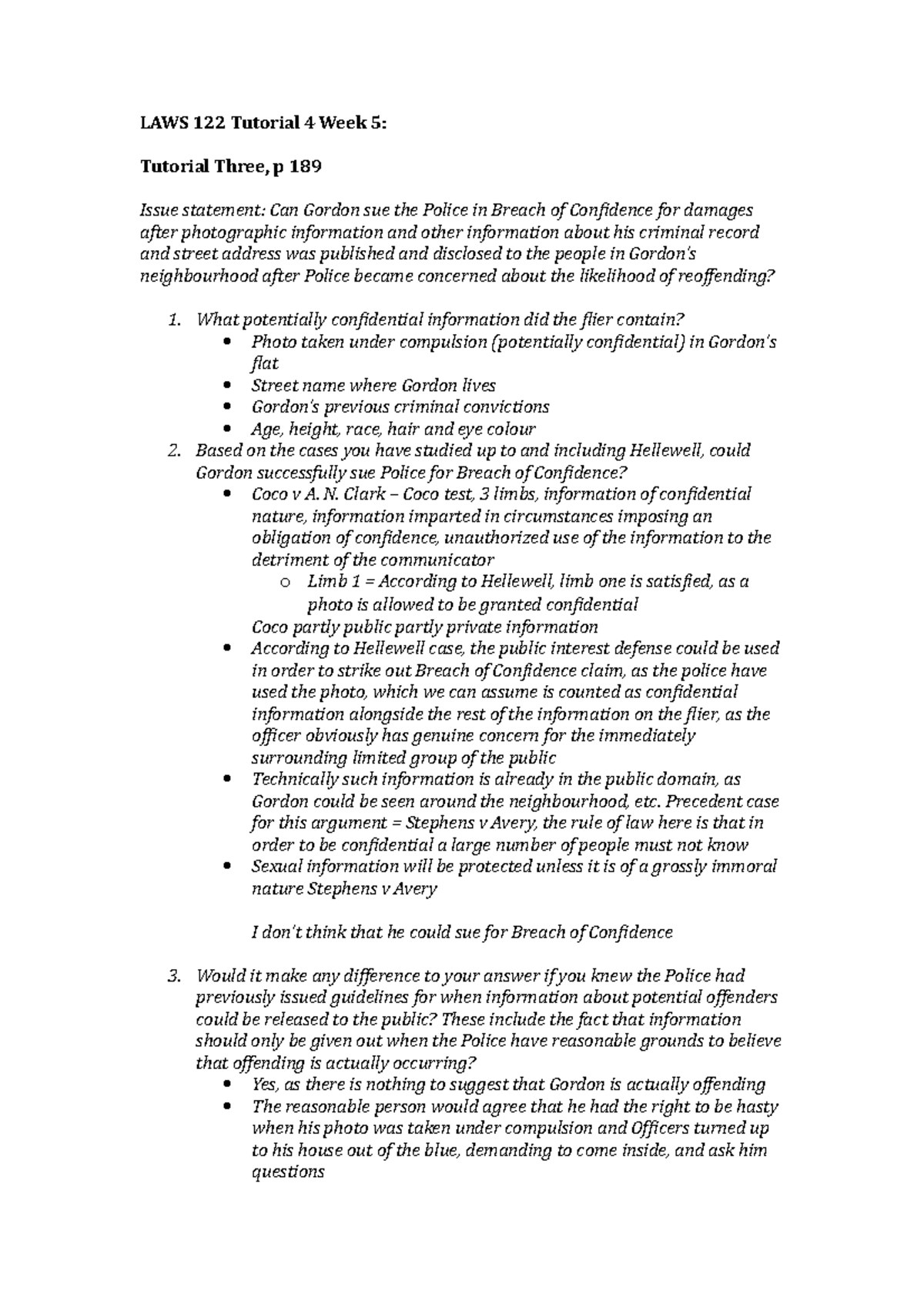 LAWS 122 Tutorial 4 Week 5 - LAWS 122 Tutorial 4 Week 5: Tutorial Three ...