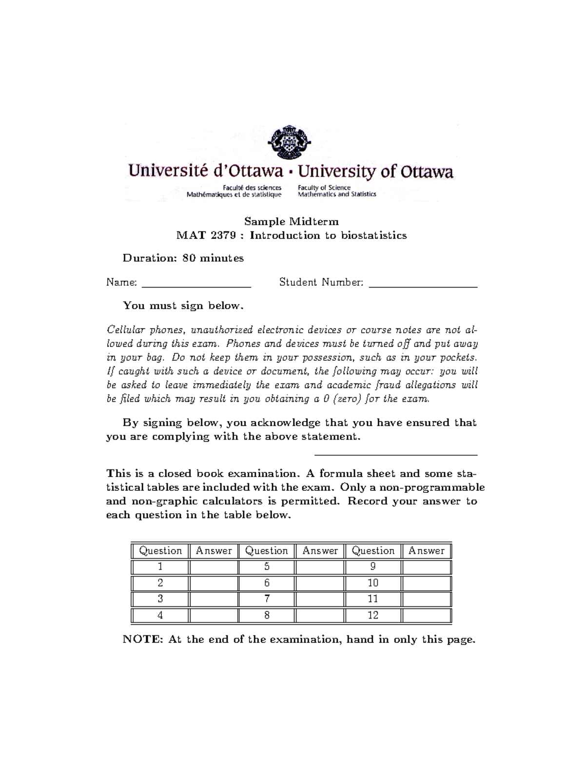 Midterm 24 October 2018, questions - Sample Midterm MAT 2379 : Introduction to biostatistics ...
