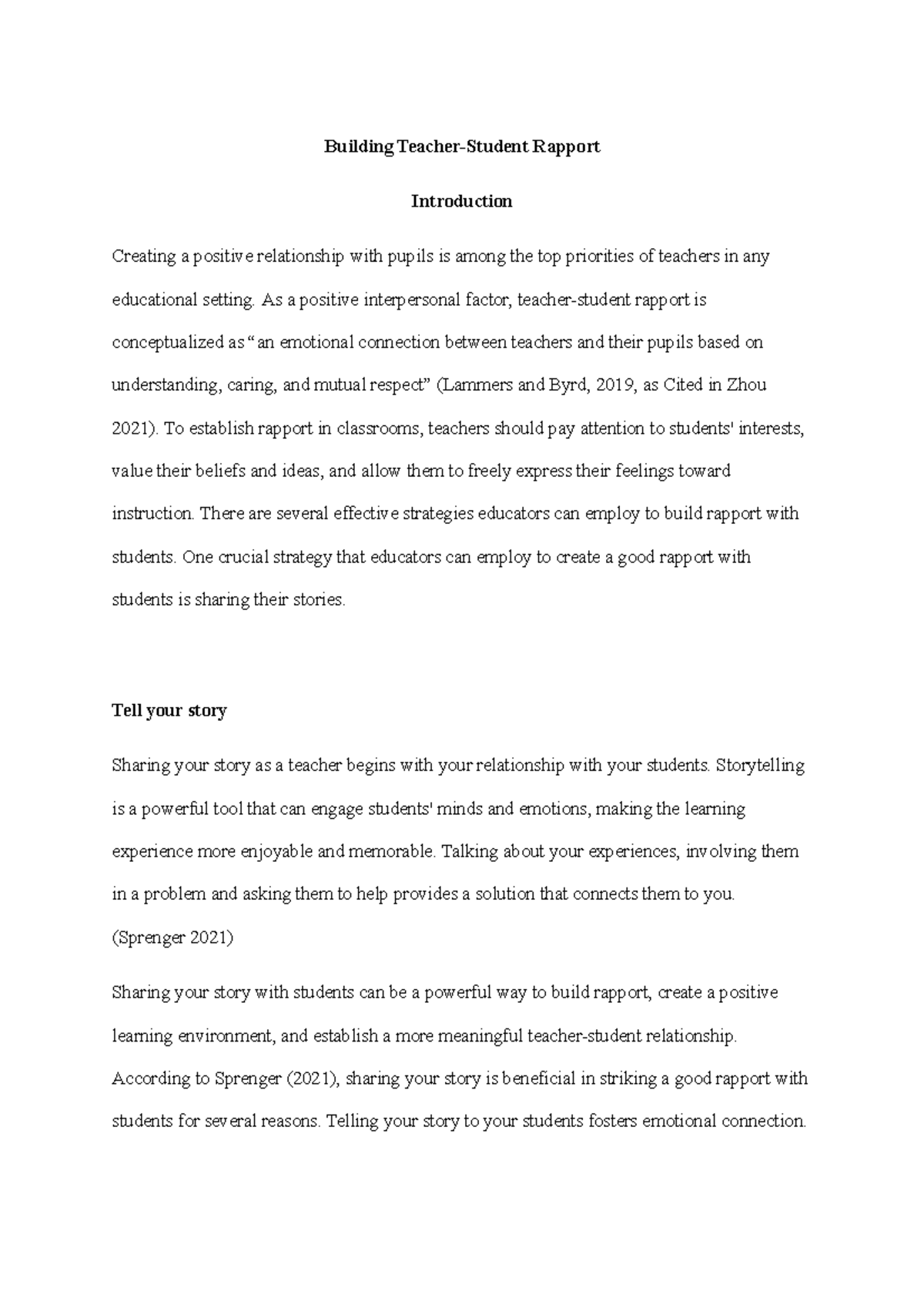 Building Teacher-Student Rapport - Building Teacher-Student Rapport ...