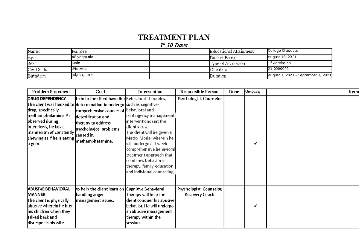 3.2 Treatment-PLAN-&- Progress- Report - BS Psychology - Studocu