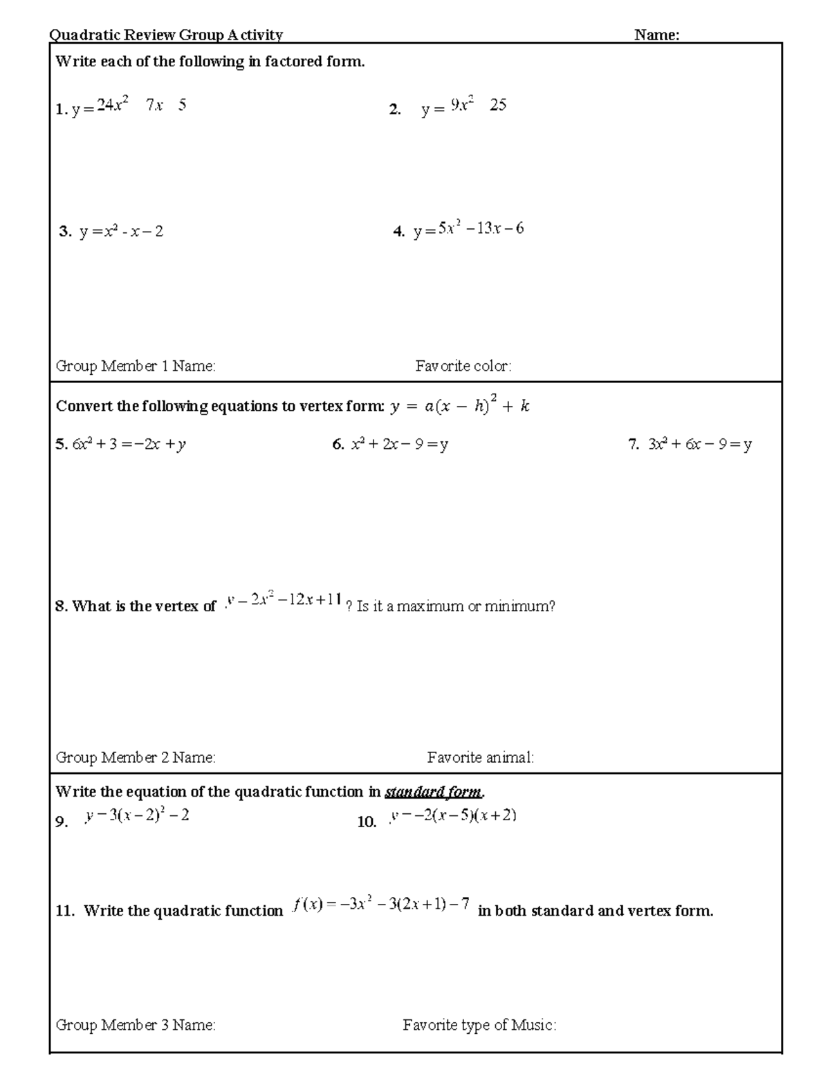 Quadratic Review Day 1 - worksheet - Quadratic Review Group Activity ...