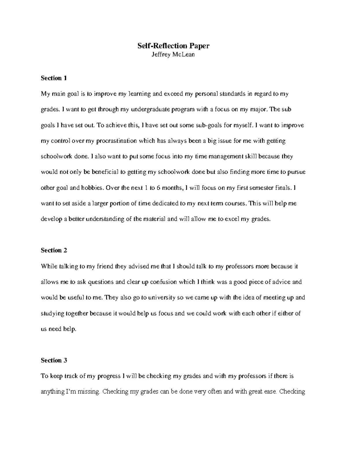 Self-Reflection Paper - Self-Reflection Paper Jeffrey McLean Section 1 ...