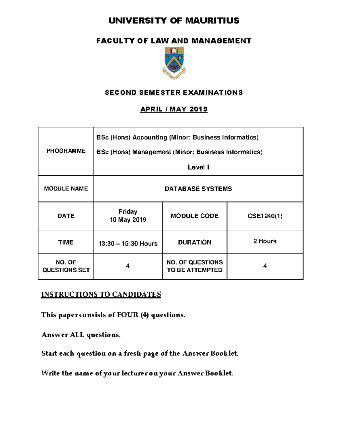 Data systems April May 2019 - UNIVERSITY OF MAURITIUS FACULTY OF LAW ...