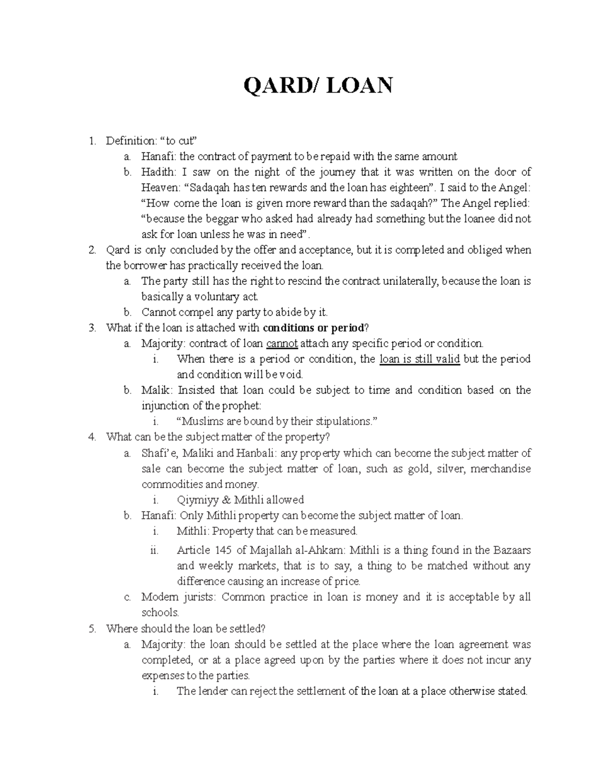 QARD AND RIBA (TRANSAC) - QARD/ LOAN Definition: “to cut” a. Hanafi ...
