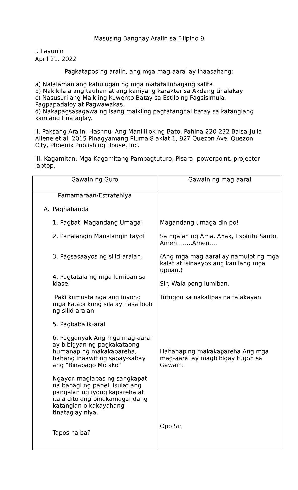 Detalyadong Masusing Banghay sa Filipino 9 - Masusing Banghay-Aralin sa Filipino 9 I. Layunin ...