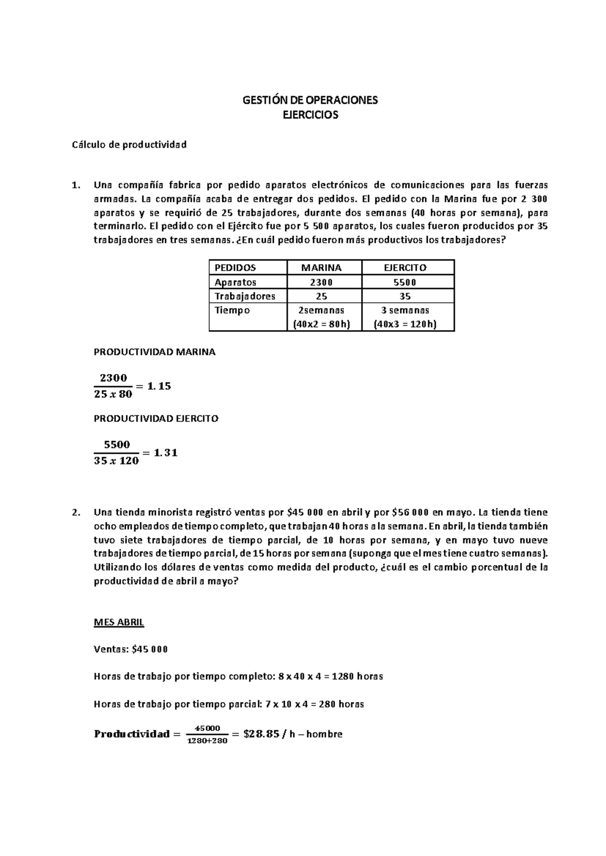 Balotario - Examen Final - Gestion DE Operaciones - GESTIÓN DE OPERACIONES EJERCICIOS Cálculo de ...