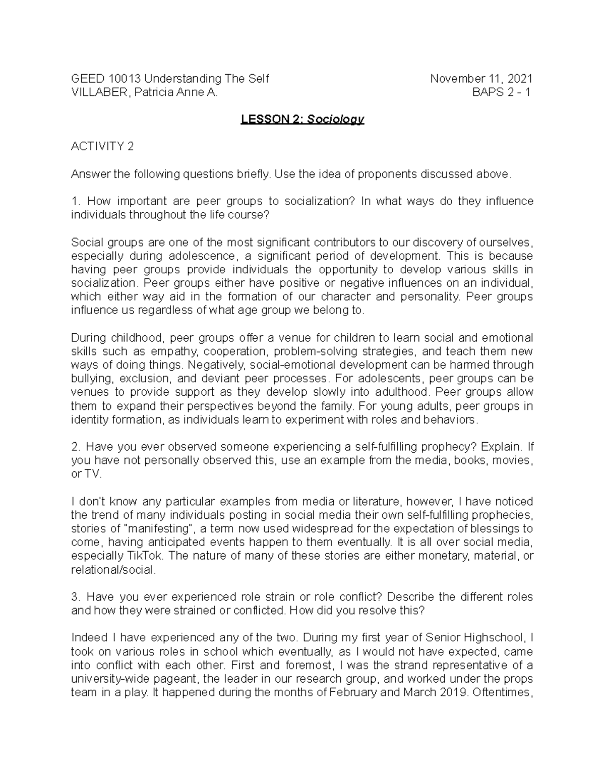 PUP UTS Lesson 2: Sociology Assignment - GEED 10013 Understanding The ...