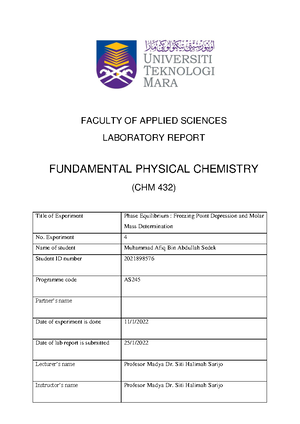 Lab Report CHM432 exp 1 - Experiment 1 - LABORATORY REPORT CHM ...