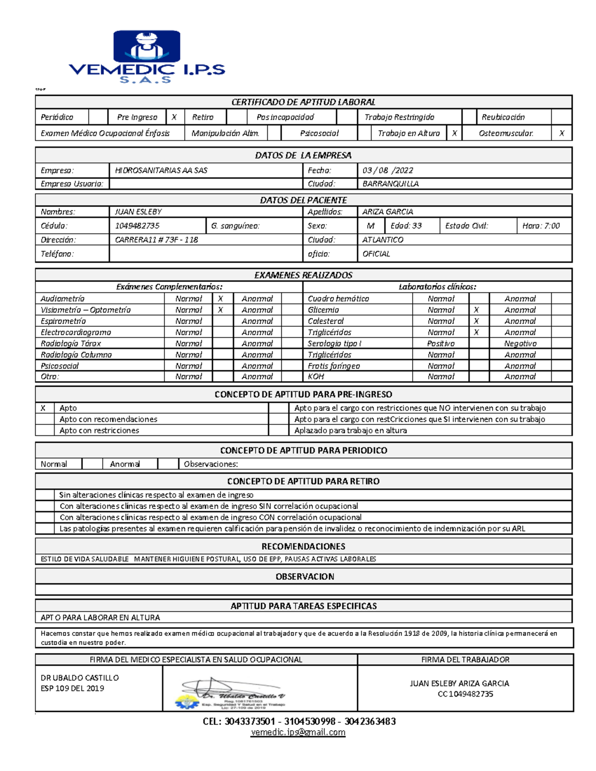 EMO-JUAN Ariza - ejemplo de examen medico laboral - CEL: 3043373501 ...