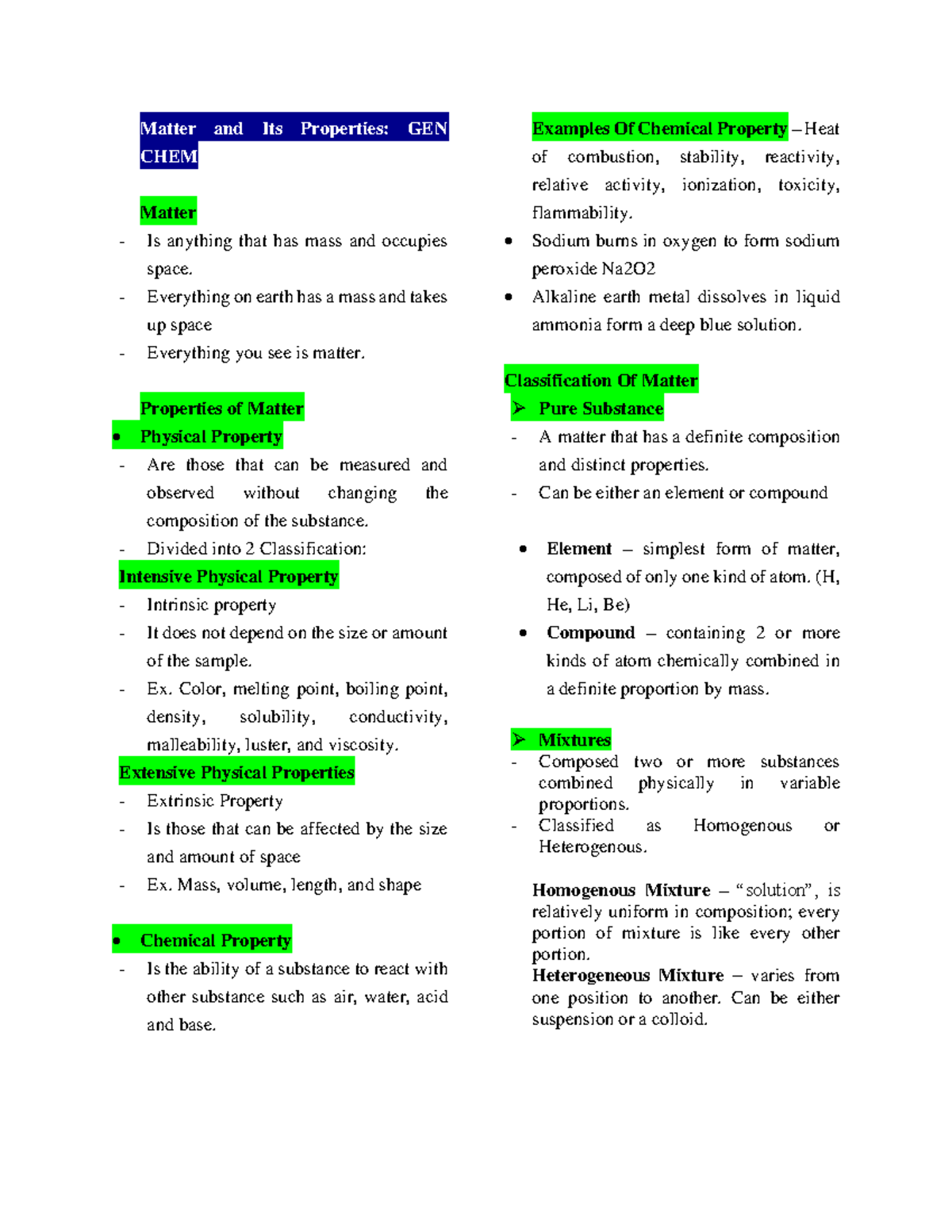 Genchem reviewer - basta chem - Matter and Its Properties: GEN CHEM ...
