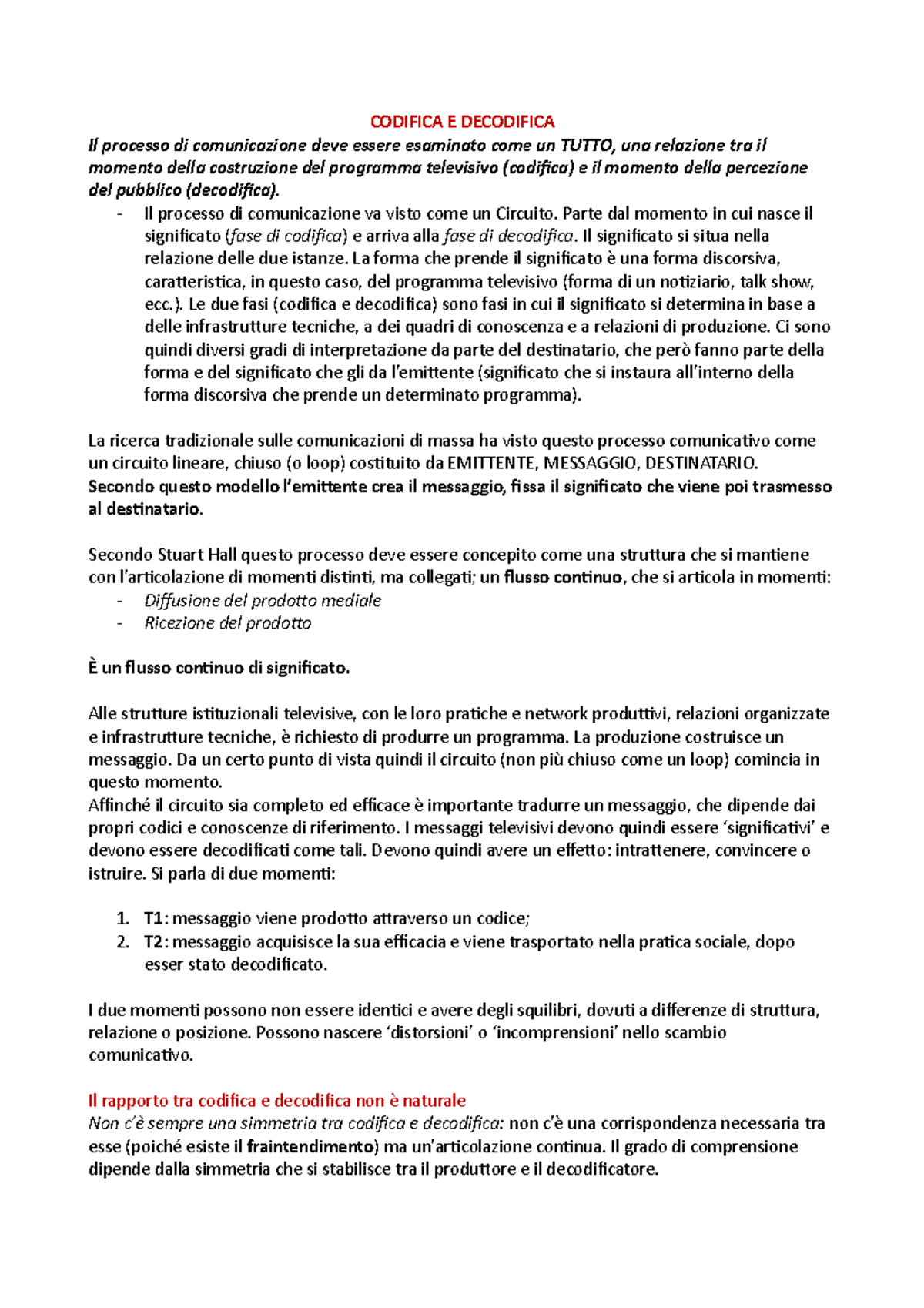 Codifica E Decodifica - riassunti - CODIFICA E DECODIFICA Il processo di comunicazione deve ...