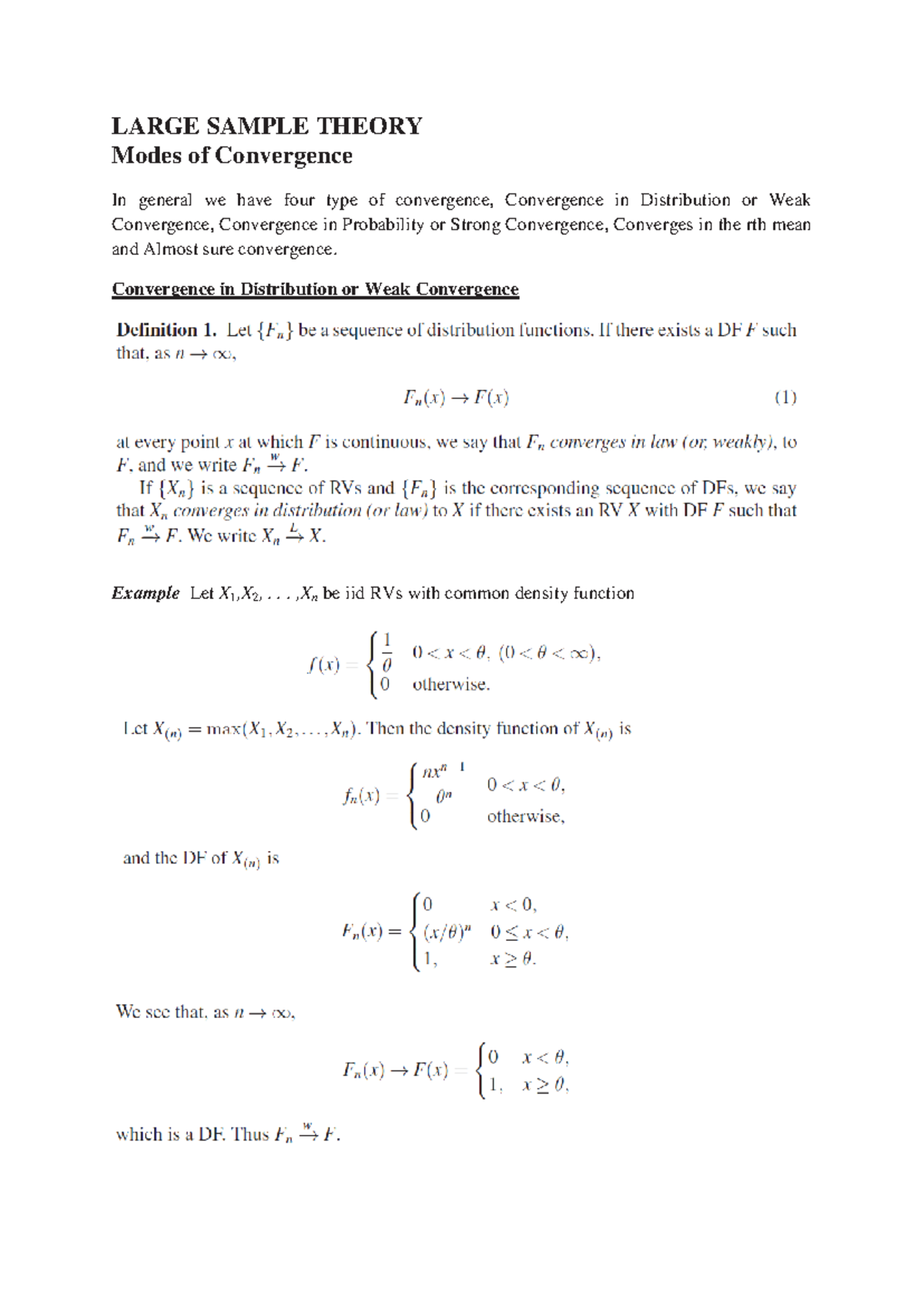 Probability Unit-4 - It's a lecture note - LARGE SAMPLE THEORY Modes of Convergence In general ...