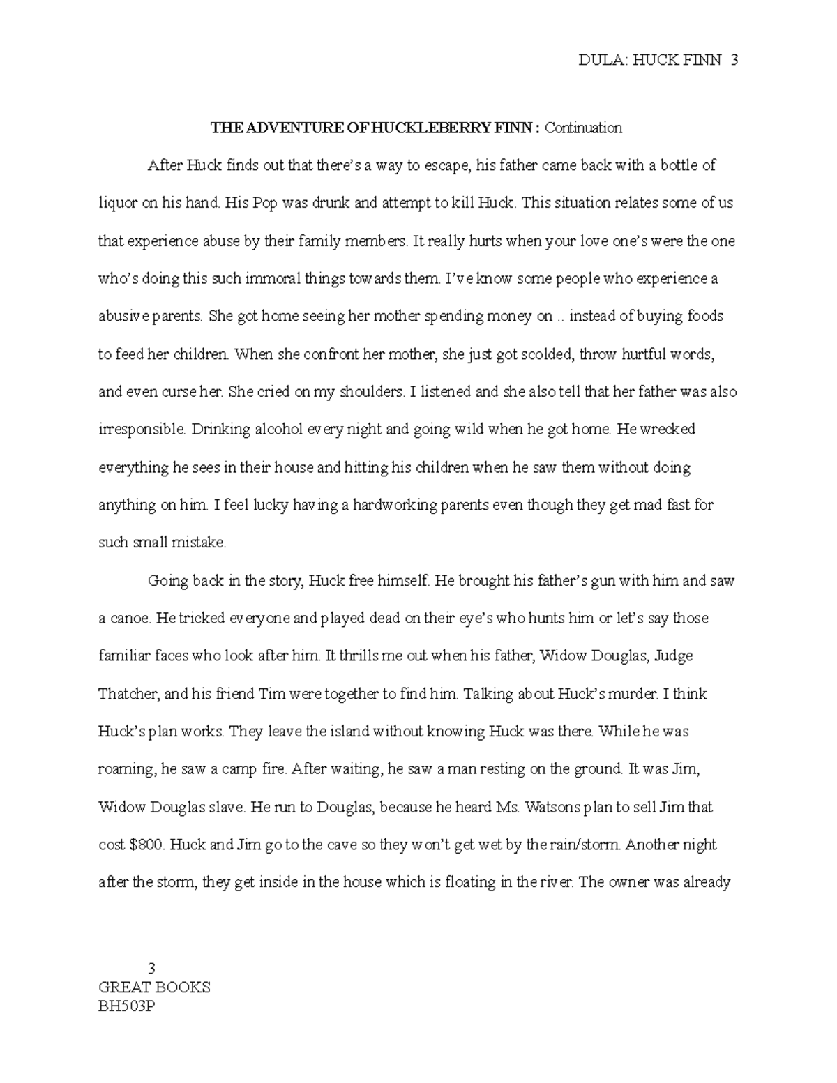 Great_Books_3rd_yr. - DULA: HUCK FINN 3 THE ADVENTURE OF HUCKLEBERRY ...