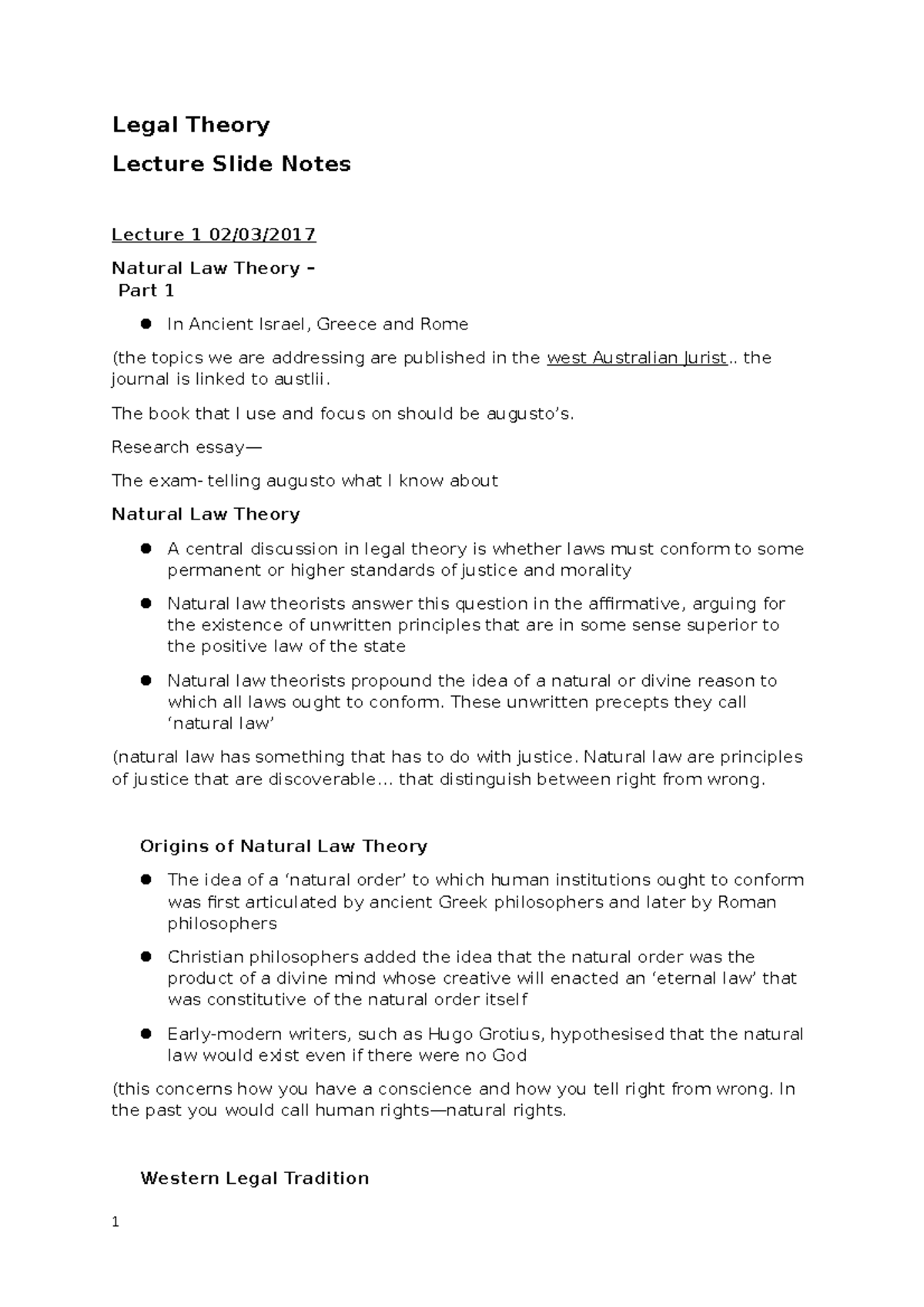 Lecture- Slide- Notes 2017 - Legal Theory Lecture Slide Notes Lecture 1 ...