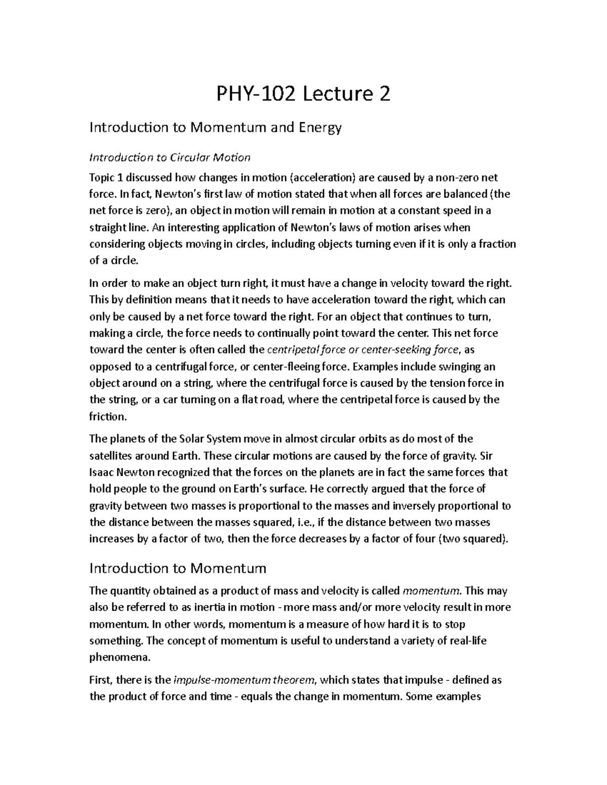 Introduction to Momentum and Energy, Circular Motion - PHY-102 Lecture ...