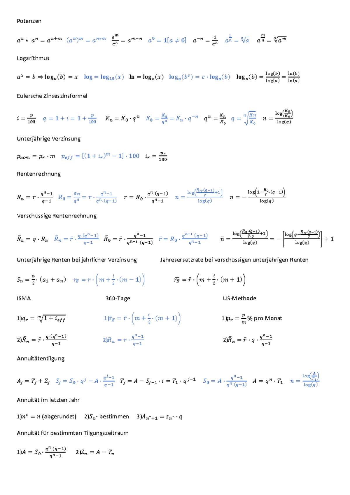 Formelblatt für Klausur - Potenzen 𝑎 𝑛 ∗ 𝑎 𝑛 = 𝑎 𝑛+𝑚 (𝑎 𝑛 ) 𝑚 = 𝑎 𝑛∗𝑚 𝑎 ...