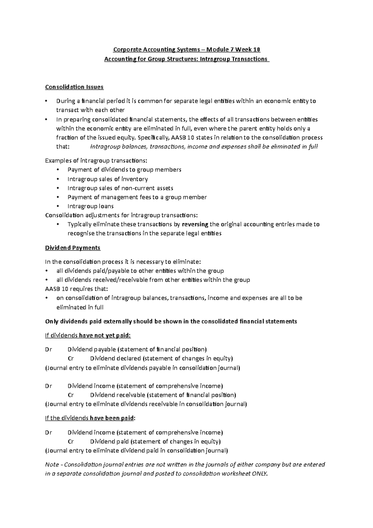 CAS Notes Module 7 - Week 10 - Corporate Accounting Systems – Module 7 ...