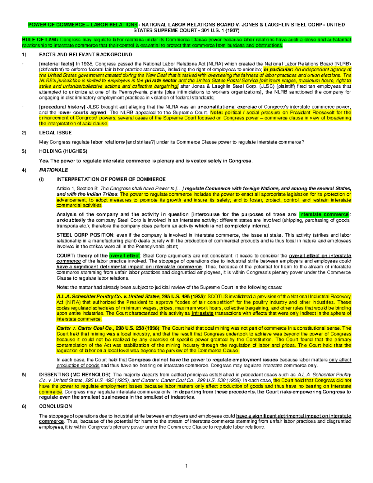 SET OF CASE BRIEFS and class notes - Steel CORP + Darby v. Lumber ...