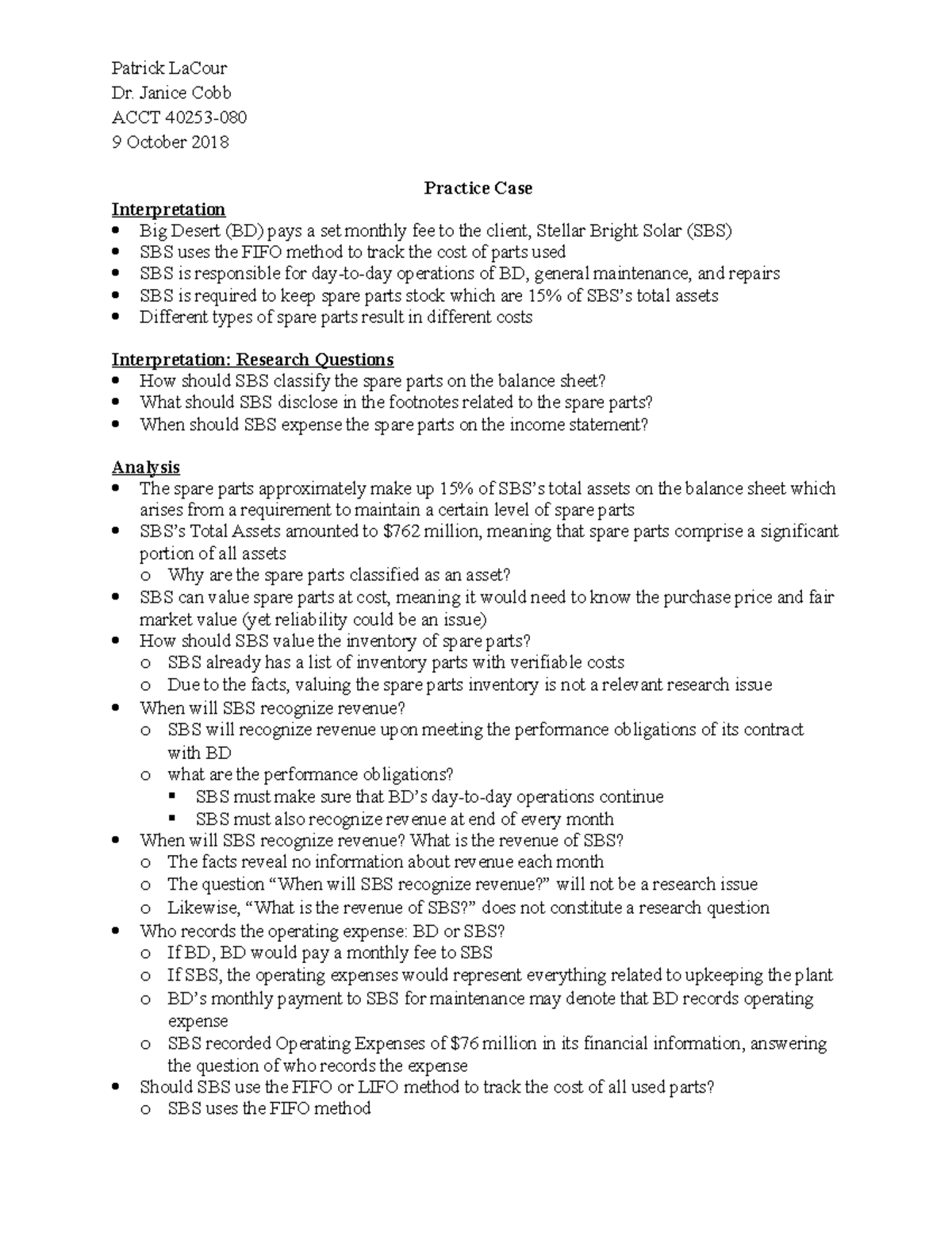 Practice Case Facts - Patrick LaCour Dr. Janice Cobb ACCT 40253- 9 ...