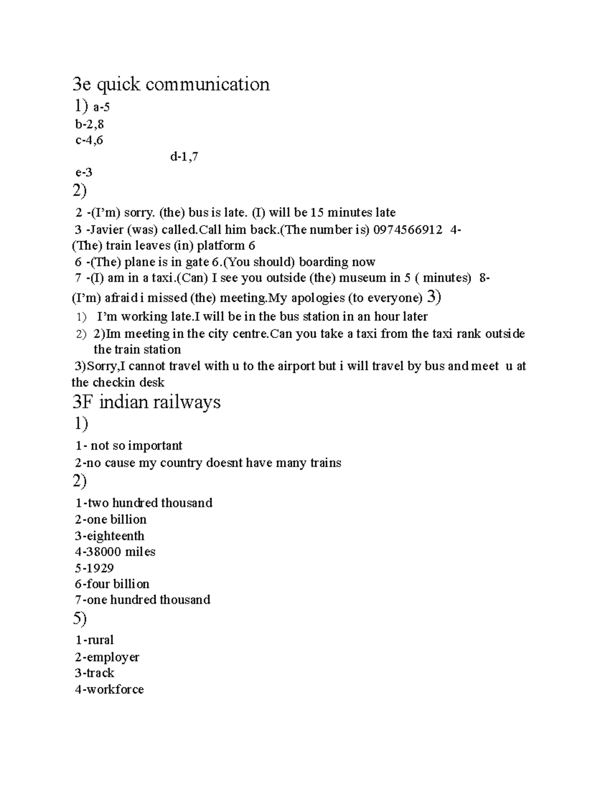 3e và 3f - Lecture notes 1 - 3e quick communication 1) a- b-2, c-4, d-1 ...