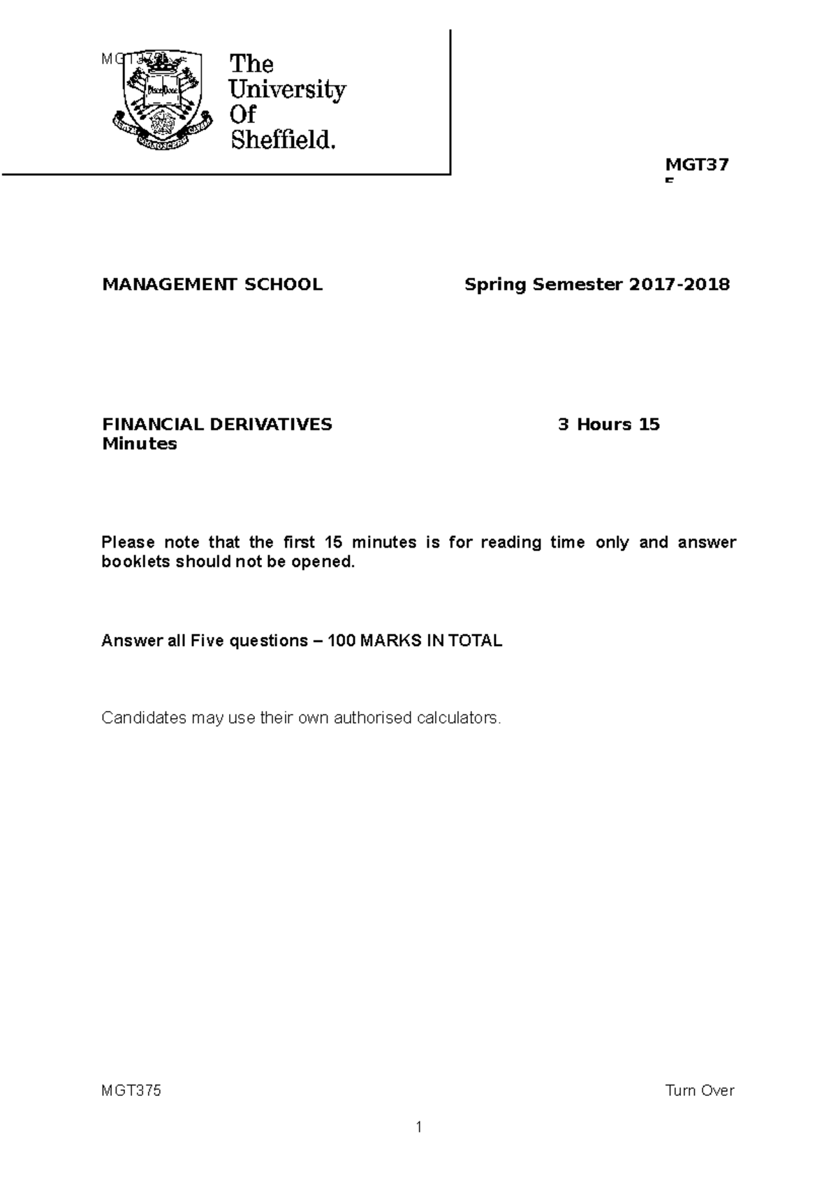 MGT375 QP Spring Exam 2018 VF - MANAGEMENT SCHOOL Spring Semester 2017 ...