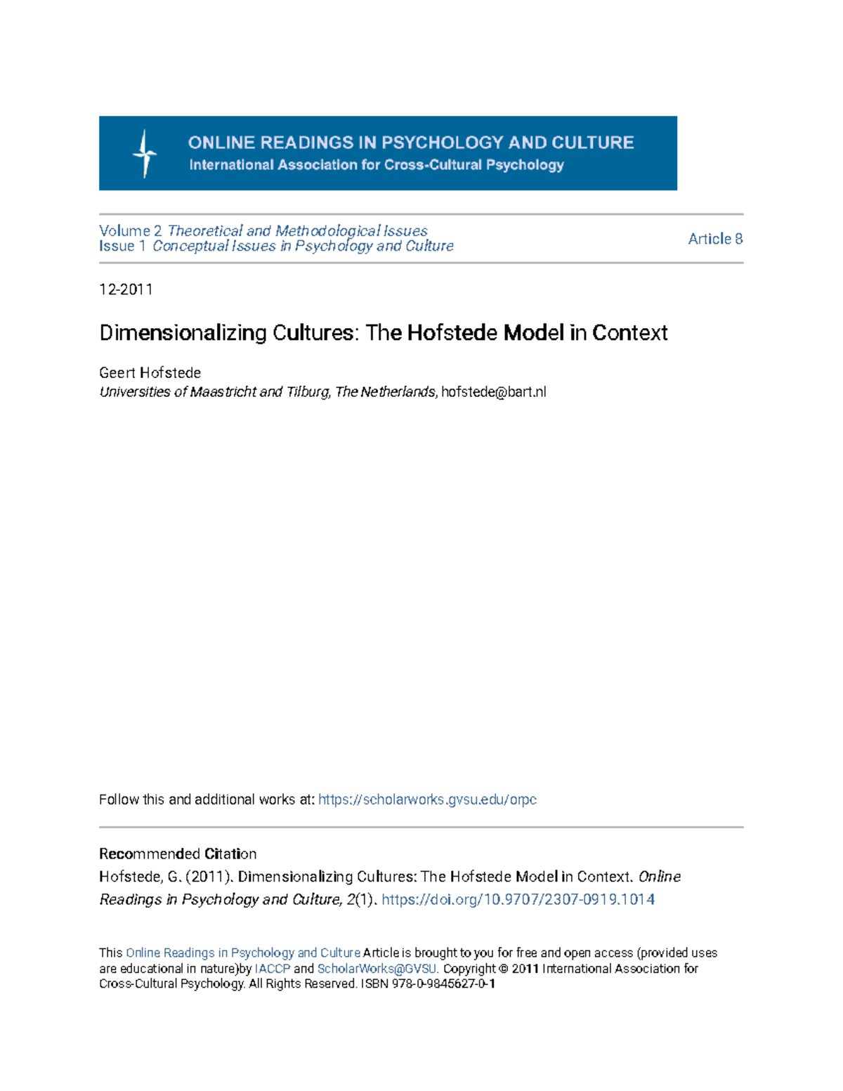 Dimensionalizing Cultures The Hofstede Model in Context 2011 - Volume 2 Theoretical and - Studocu