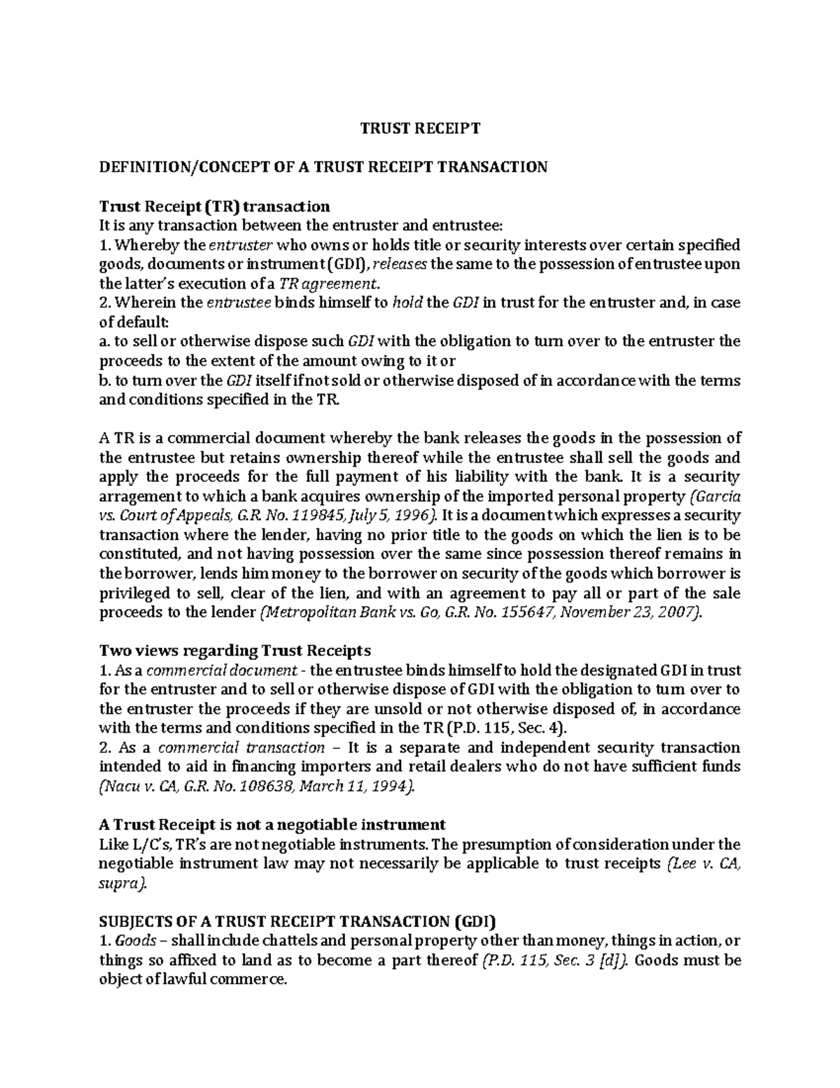 Trust Receipt LAW (For Class) - TRUST RECEIPT DEFINITION/CONCEPT OF A ...