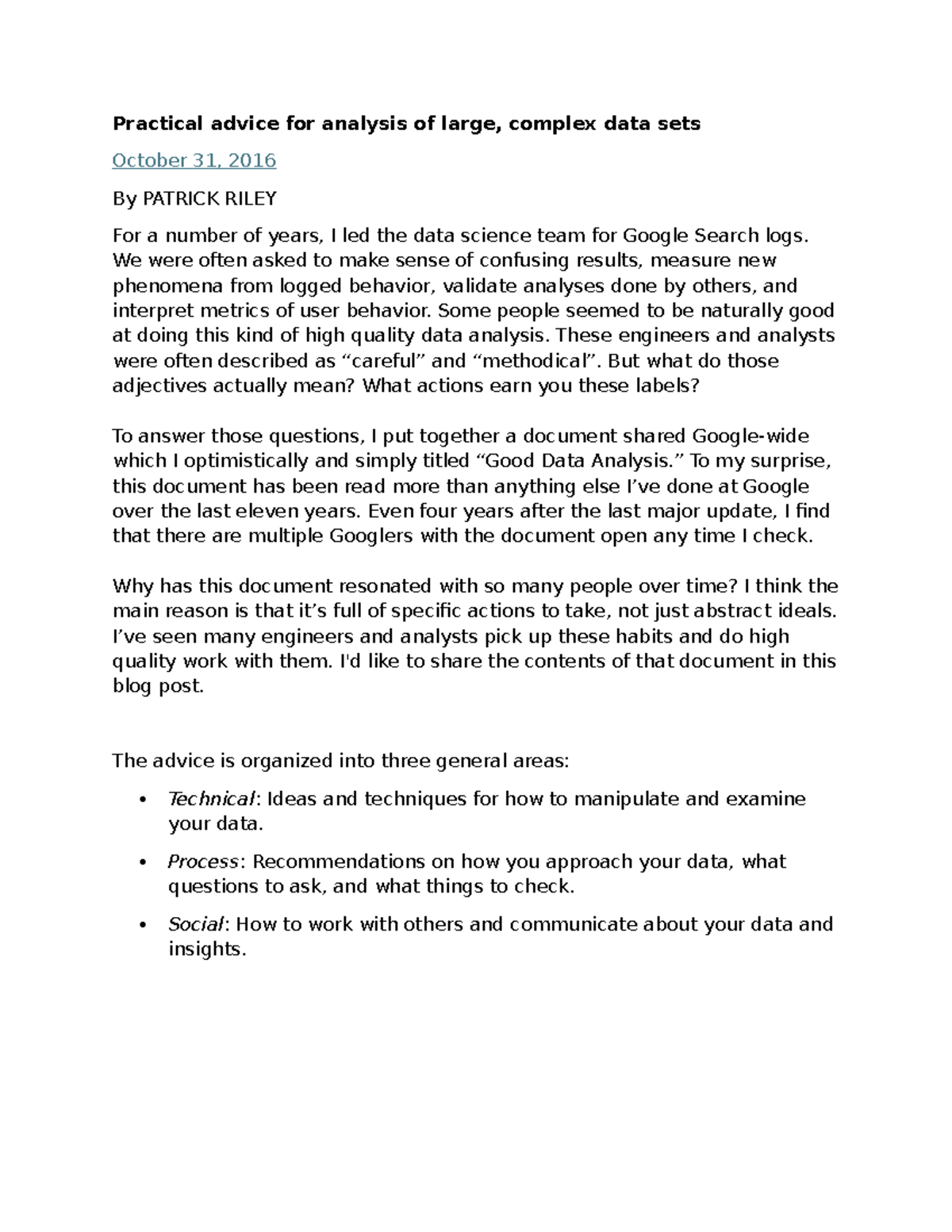 Notes - Practical advice for analysis of large, complex data sets ...