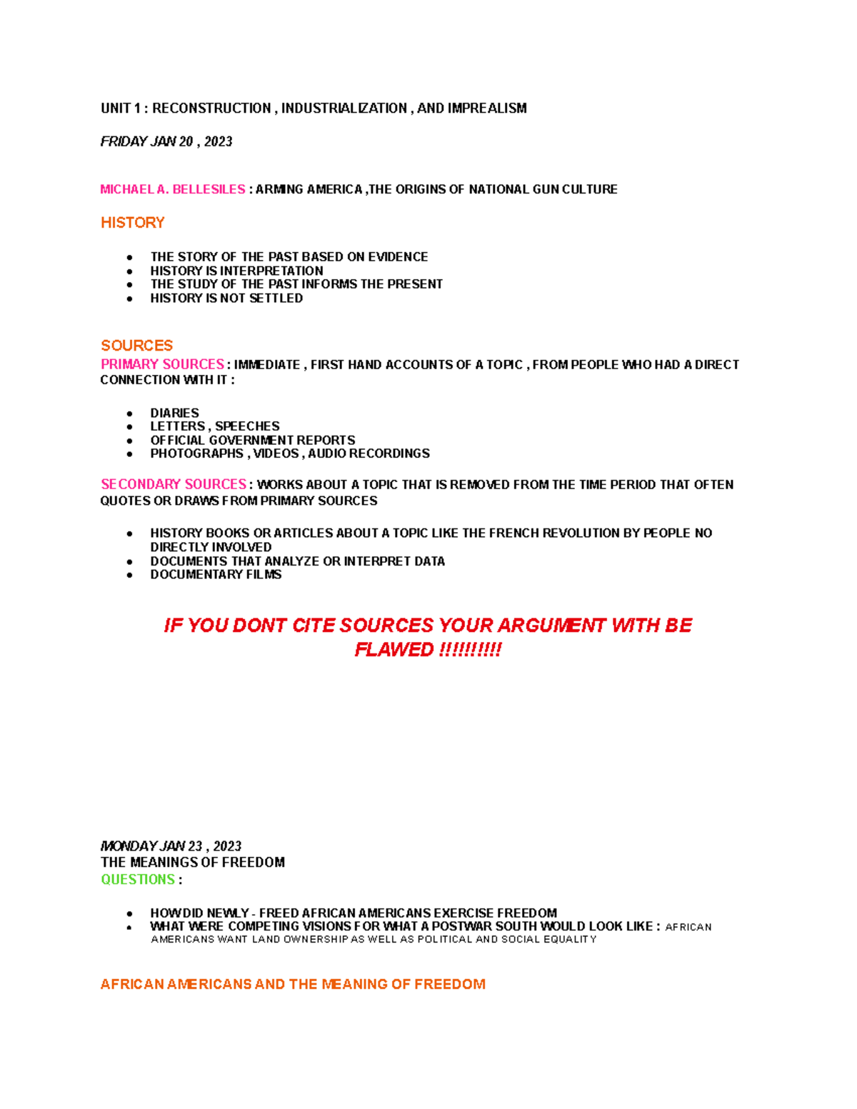 History Notes - American His 1877 to present - UNIT 1 : RECONSTRUCTION ...