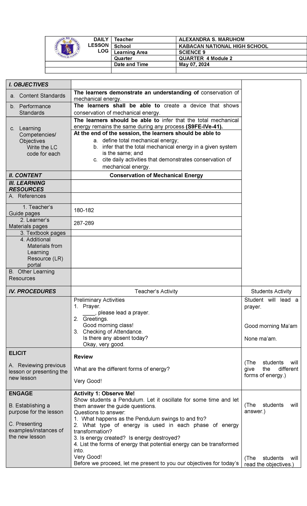 Conservation OF ME DLP - DAILY LESSON LOG Teacher ALEXANDRA S. MARUHOM ...